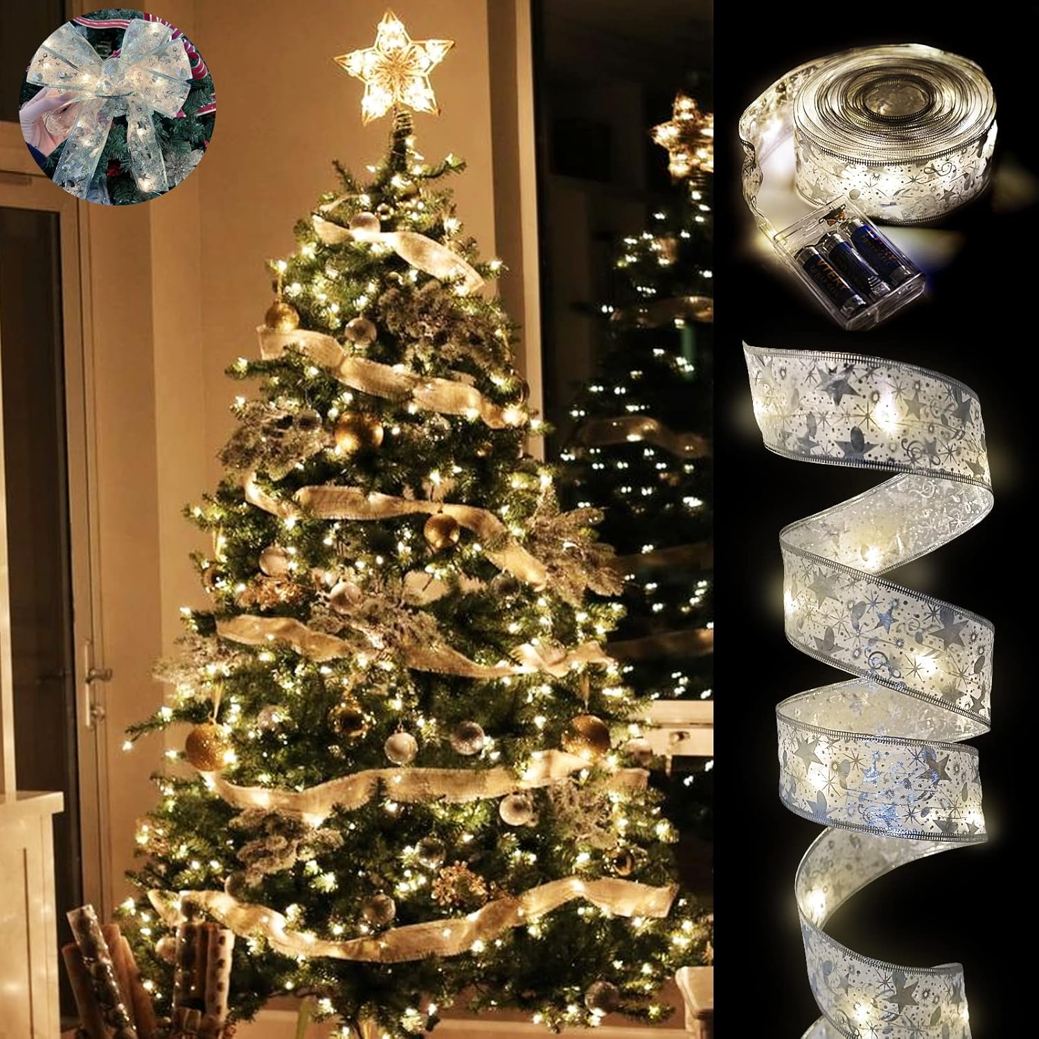 Christmas Ribbon Lights 32.8ft/10m (2X16.4ft) 100 LED Lights Christmas ...