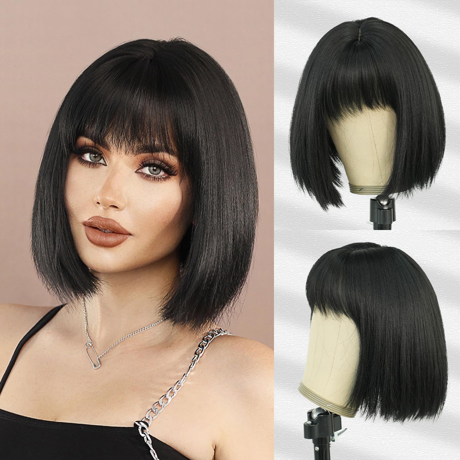 Amazon.com : 7JHH WIGS Yaki Short Straight Wig with Bangs 12in Short ...