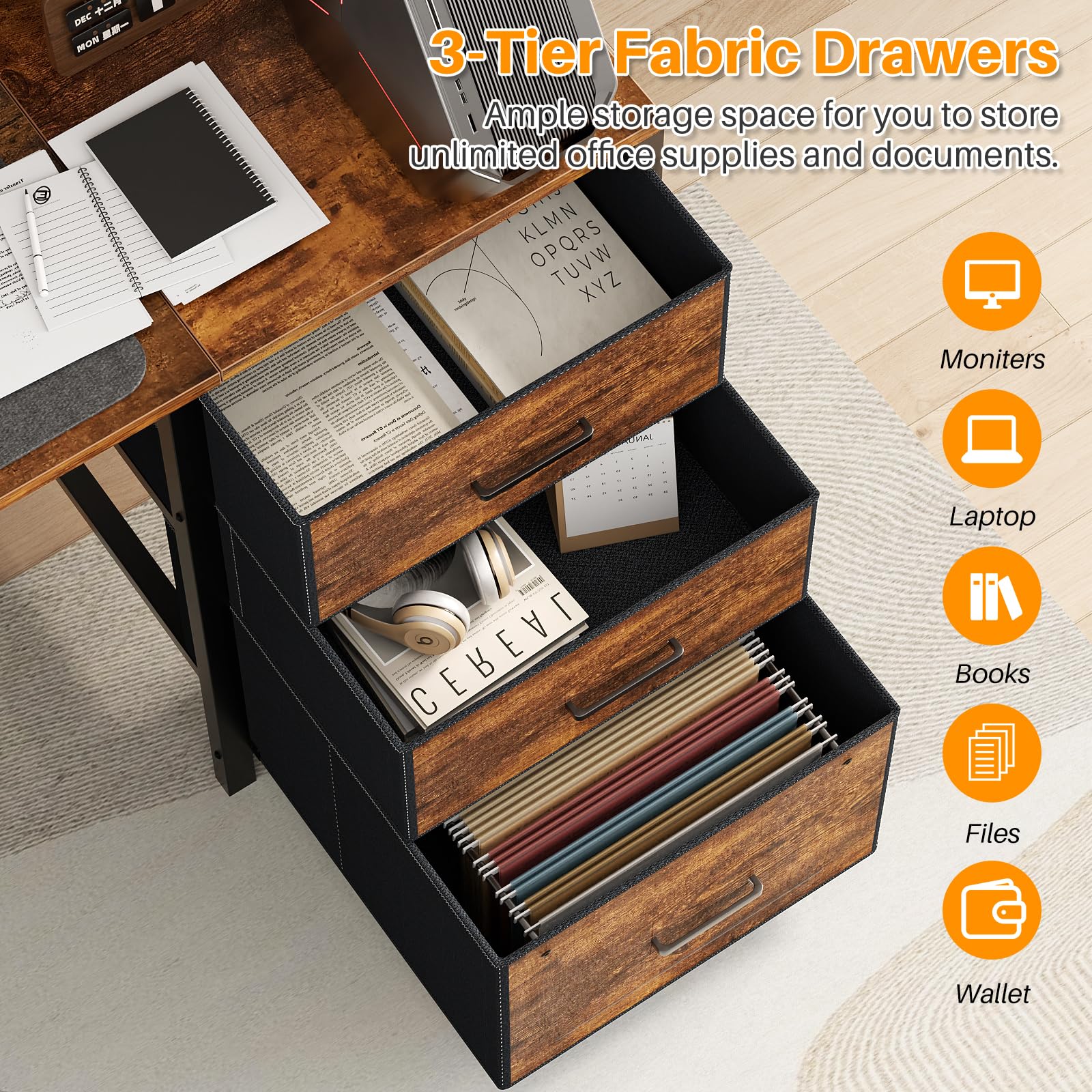 Snapklik.com : Rustic Brown Gaming Desk, 59" L X 18.5" W X 34.6" H, LED ...