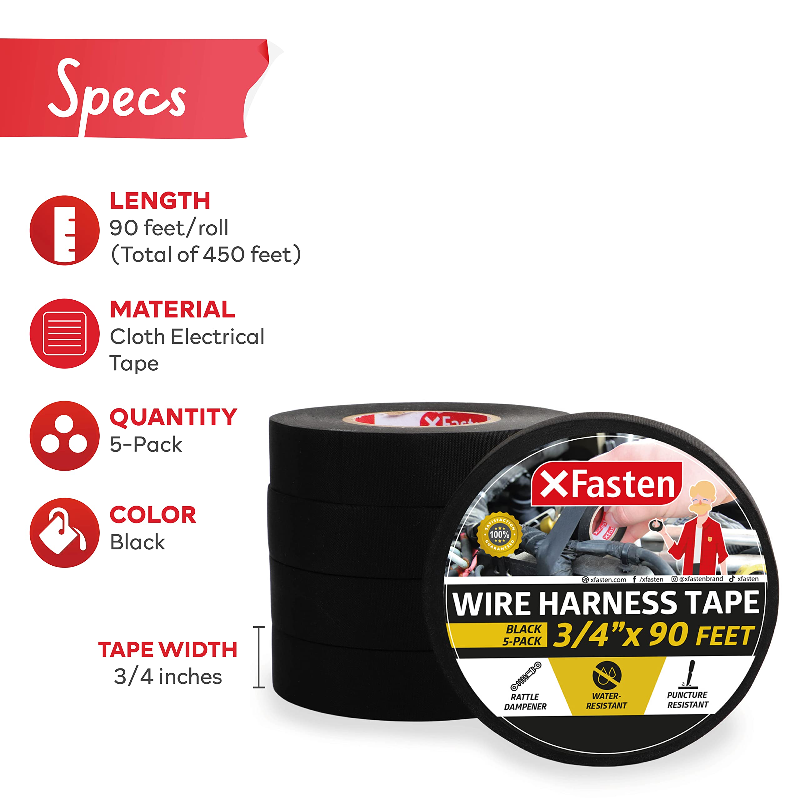 Snapklik.com : XFasten Wire Harness Tape 450ft 3/4 Inch X 90ft