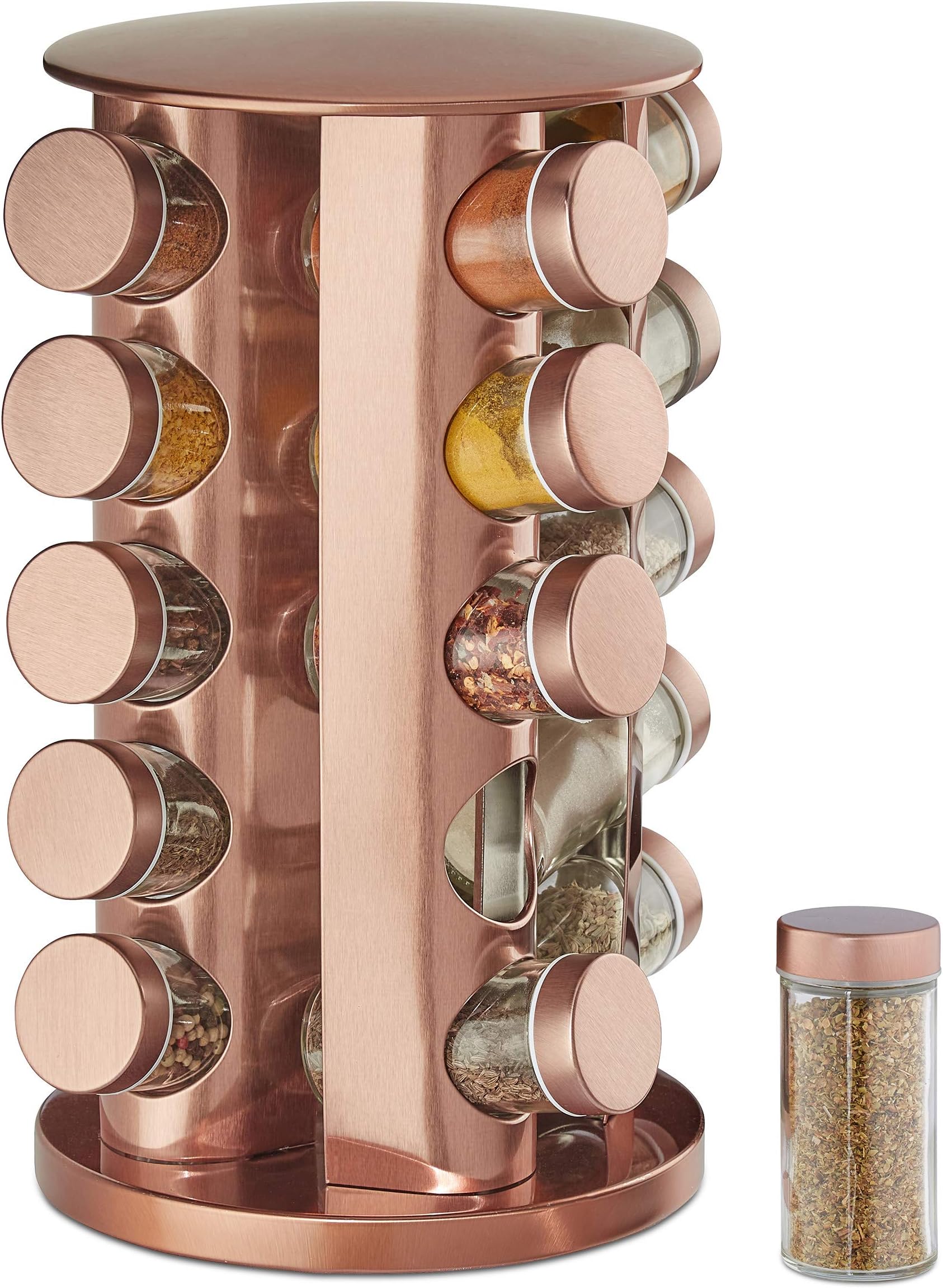 Relaxdays Spice Rack, 20 Glass Jars, Rotatable, Stainless Steel, H x D ...