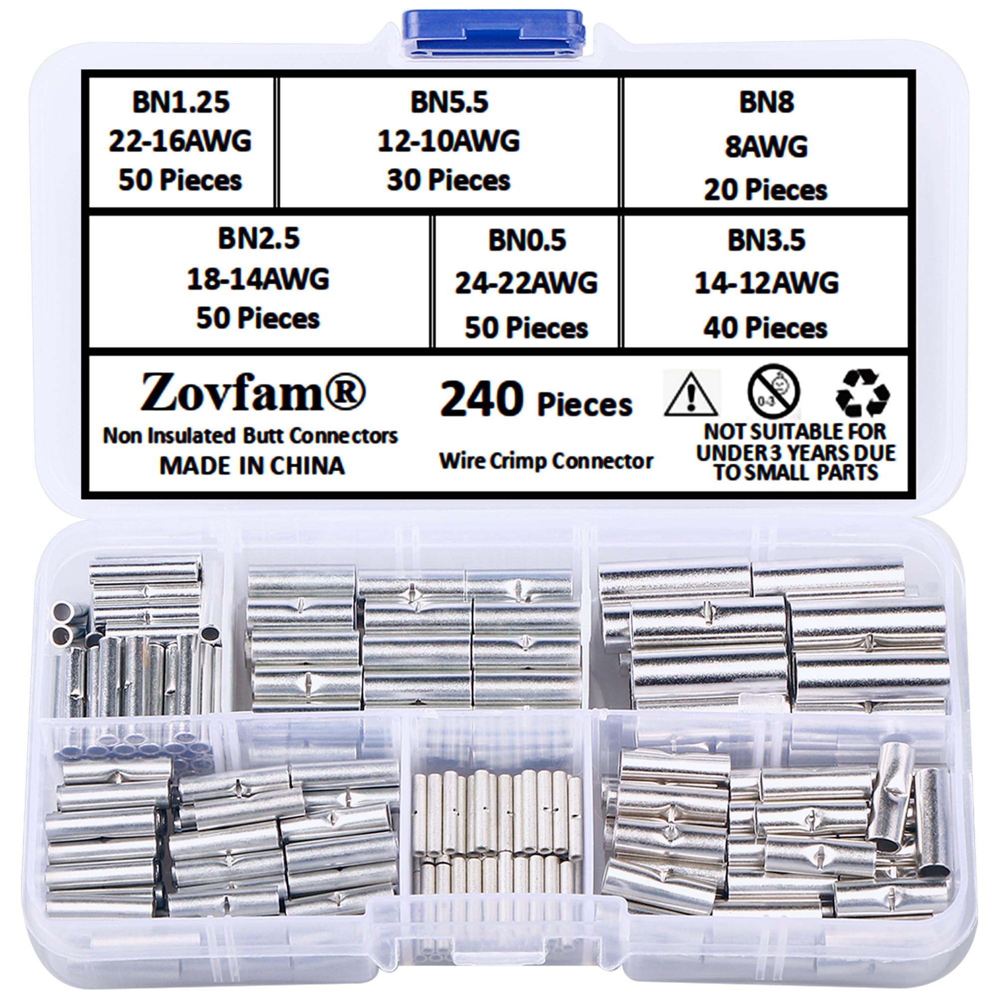 Snapklik.com : Zovfam Non Insulated Butt Connectors Tinned Copper Wire ...