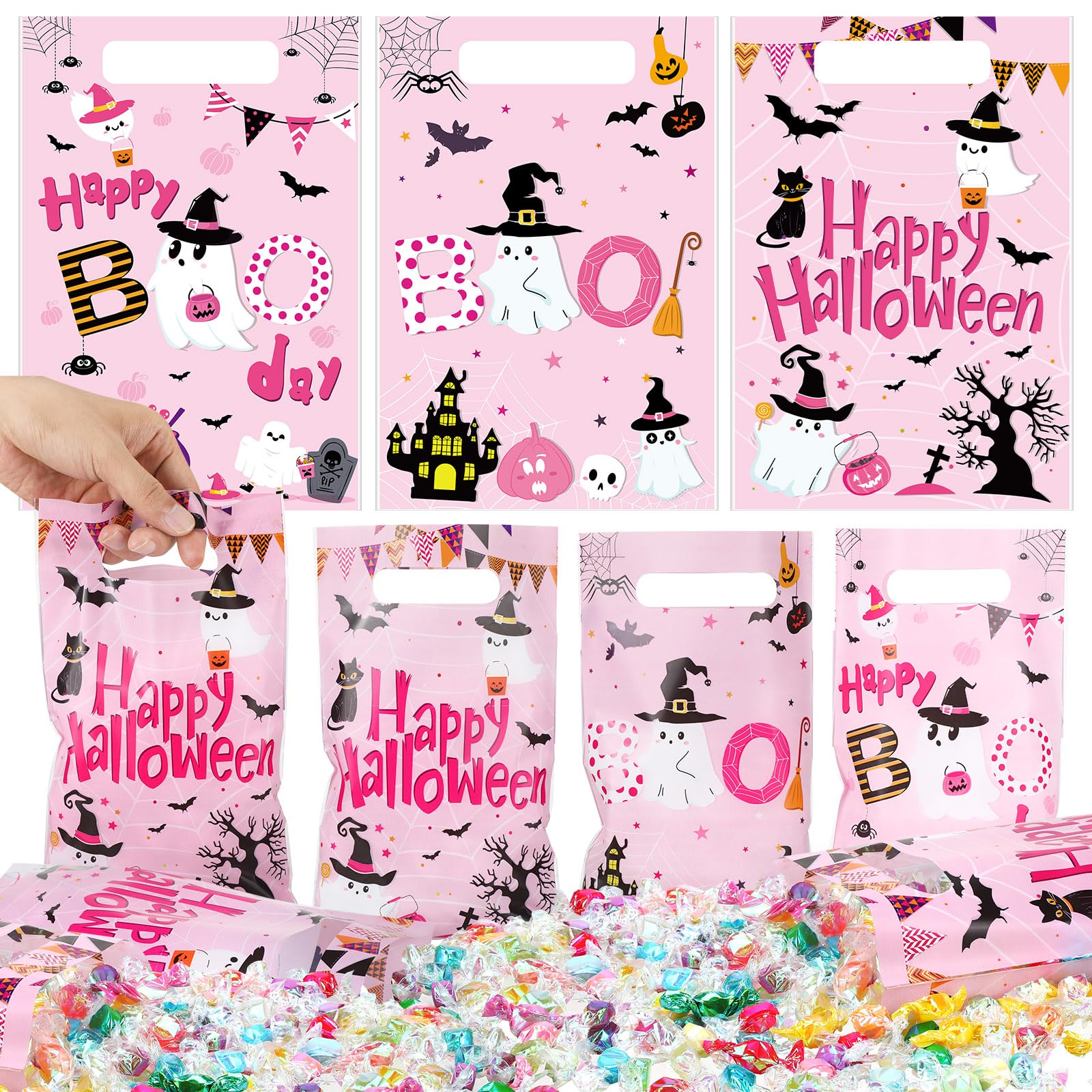 Amazon.com: Sweetude 150 Pcs Halloween Little Boo Party Favor Bags Pink ...