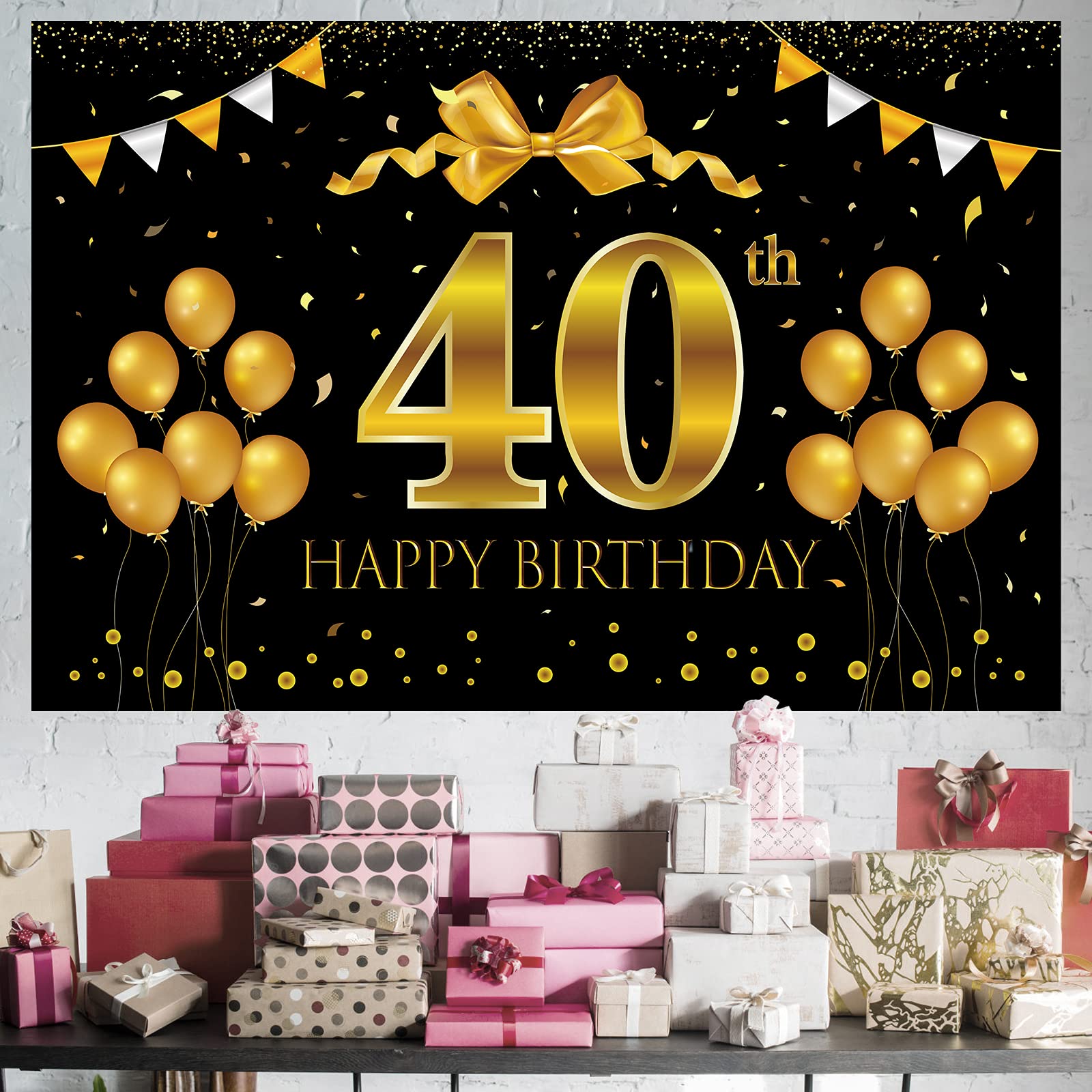 Buy 40th Birthday Backdrop Banner, Black Gold Backdrop Banner for 40th ...