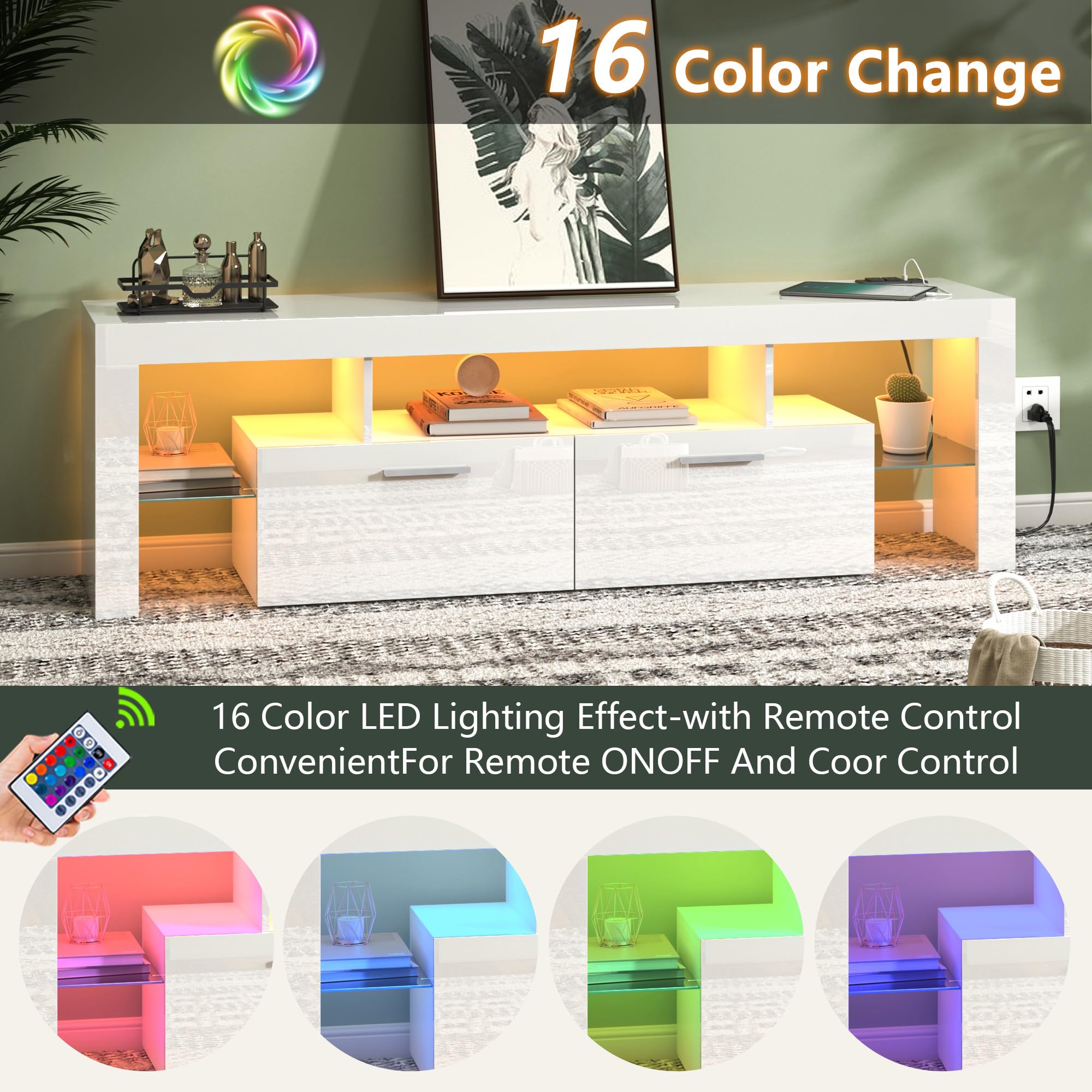 Clikuutory Modern LED White 67 inch TV Stand with Power Outlet and ...