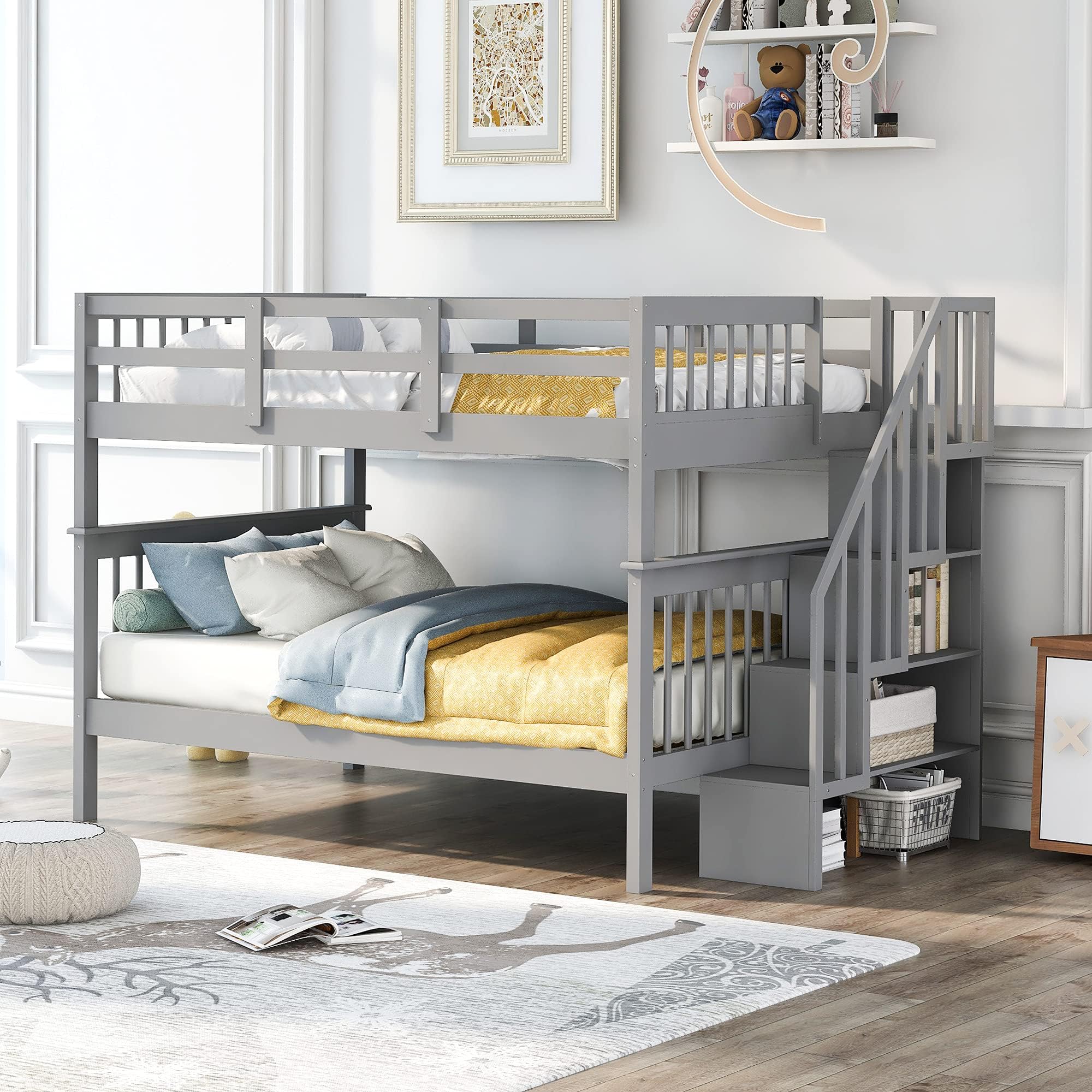 Amazon.com: BOVZA Full Over Full Bunk Bed with Stairs, Wooden Bunk Bed ...