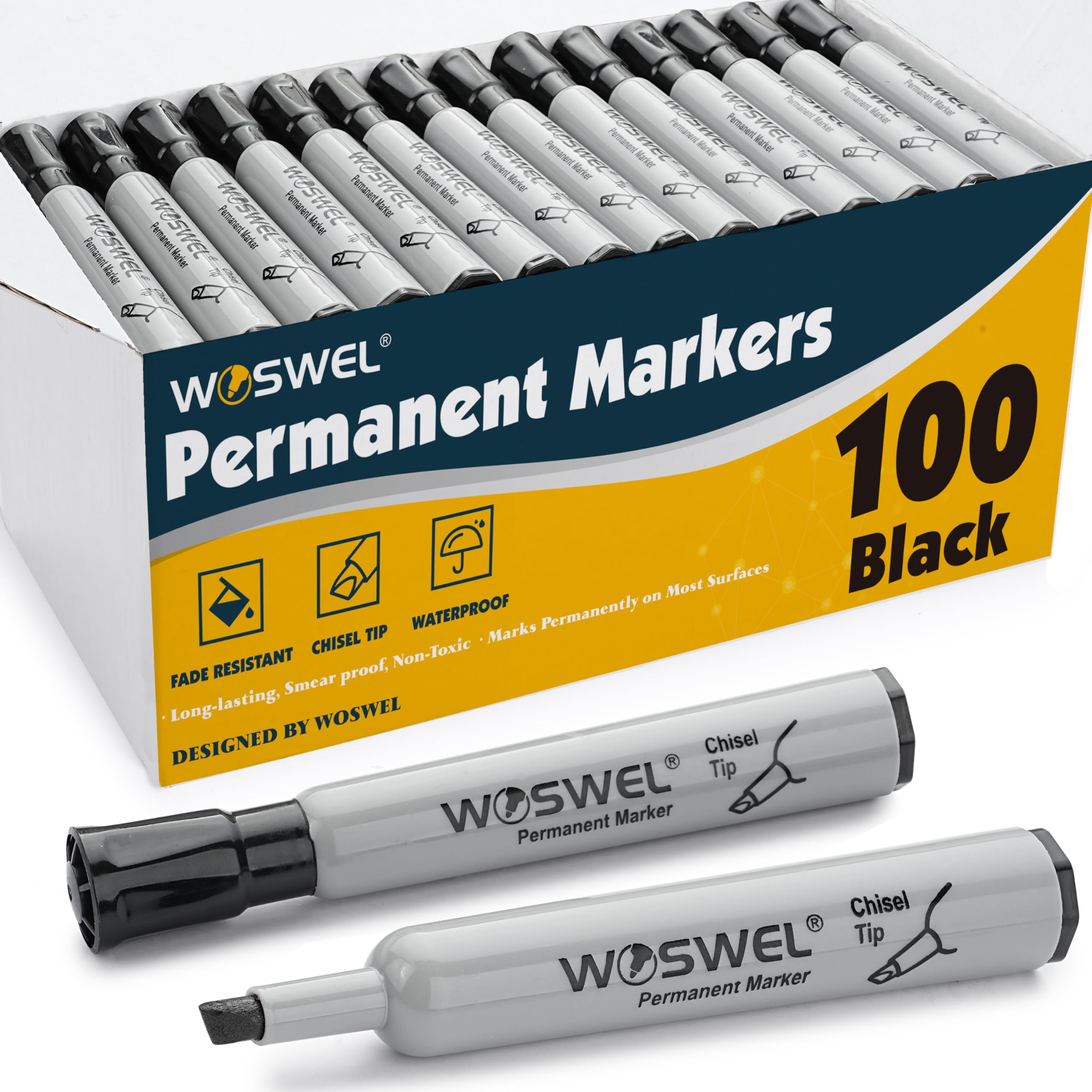 Amazon.com: WOSWEL 100 Pack Permanent Markers Bulk, Chisel Tip, Black ...