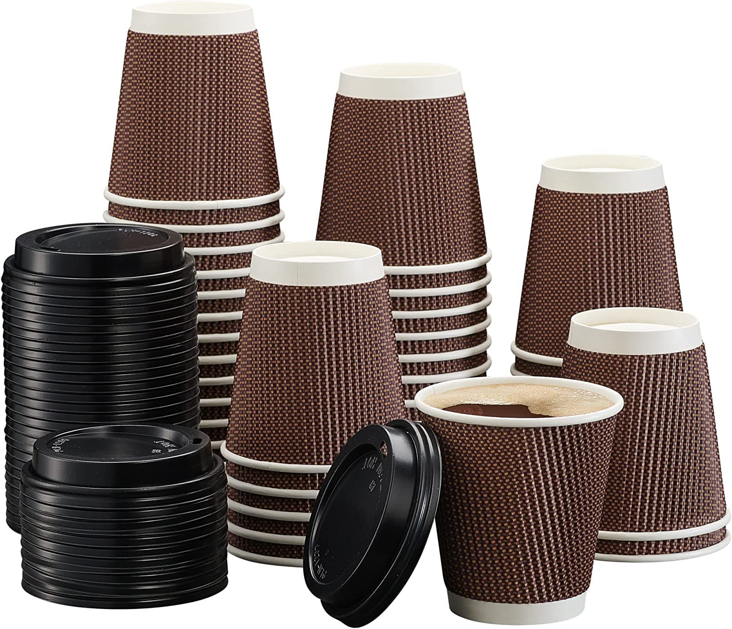12oz Takeaway Coffee Cups to Go with White Lids, Kraft Ripple Insulated ...