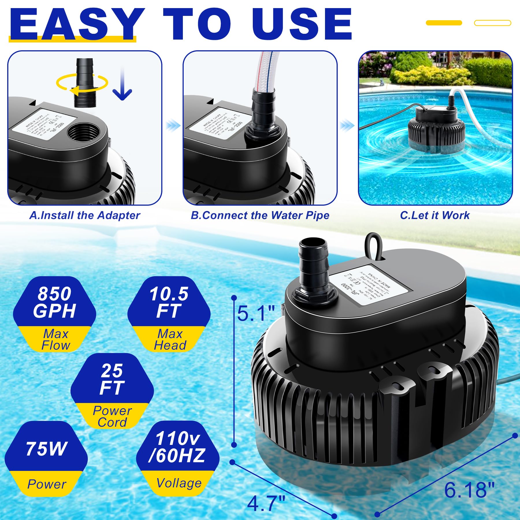 Submersible Pool Cover Pump for Water Removal with 16ft Hose & 25ft ...