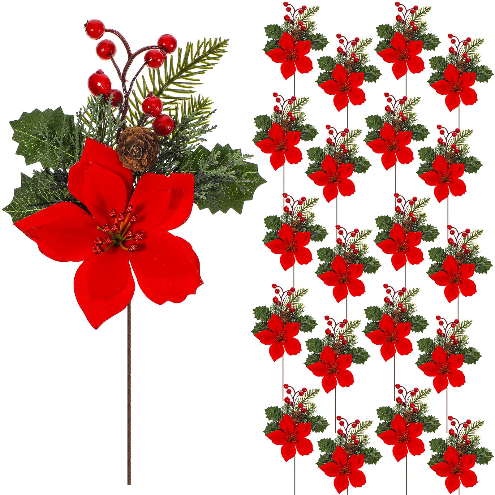 Amazon.com: 20 Pcs 11 Inch Christmas Floral Picks Artificial Poinsettia ...