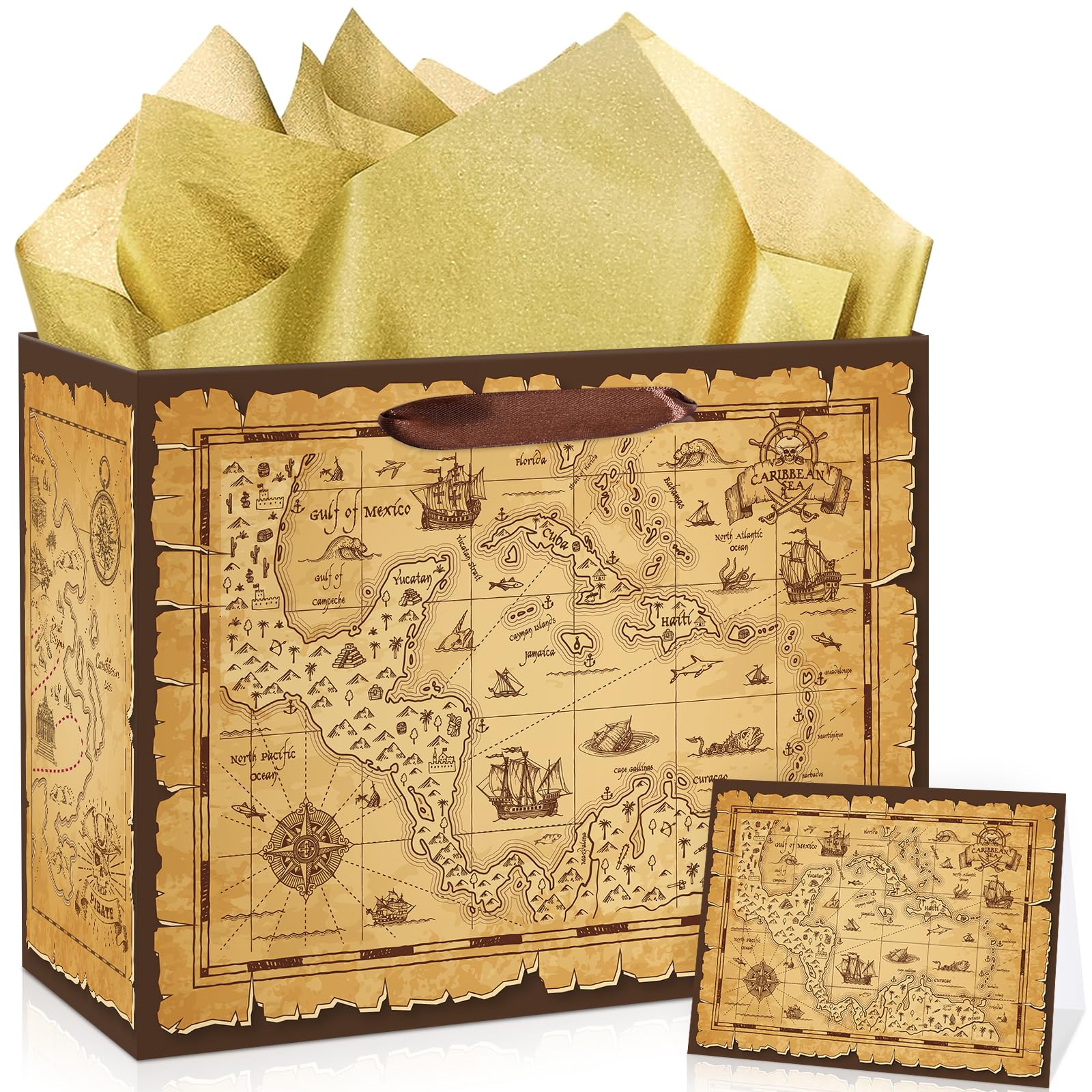 Amazon.com: Large Pirate Gift Bag Treasure Map Gift Bag with Tissue ...