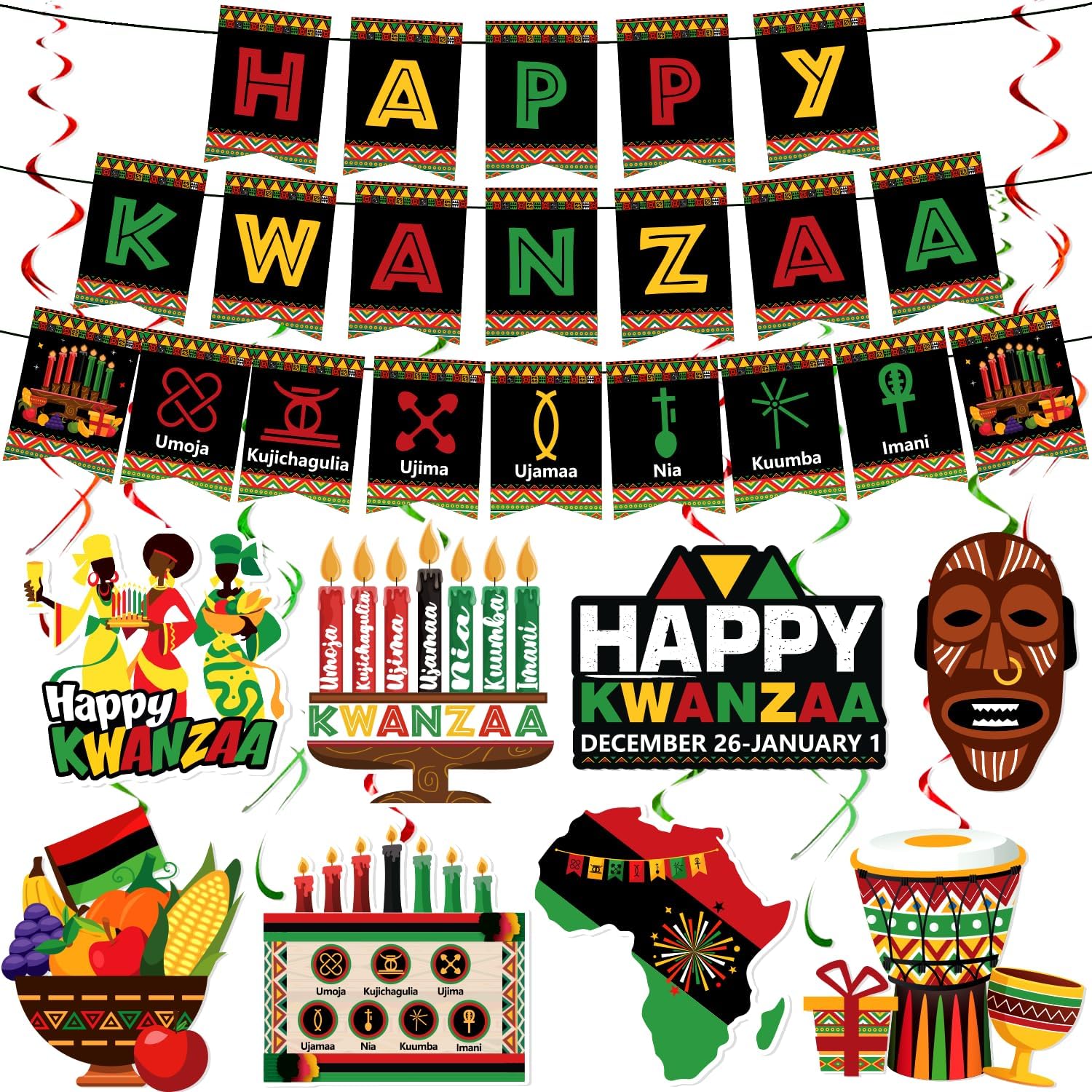 Amazon.com: Kwanzaa Banner 12 Pcs Hanging Swirls African Heritage ...