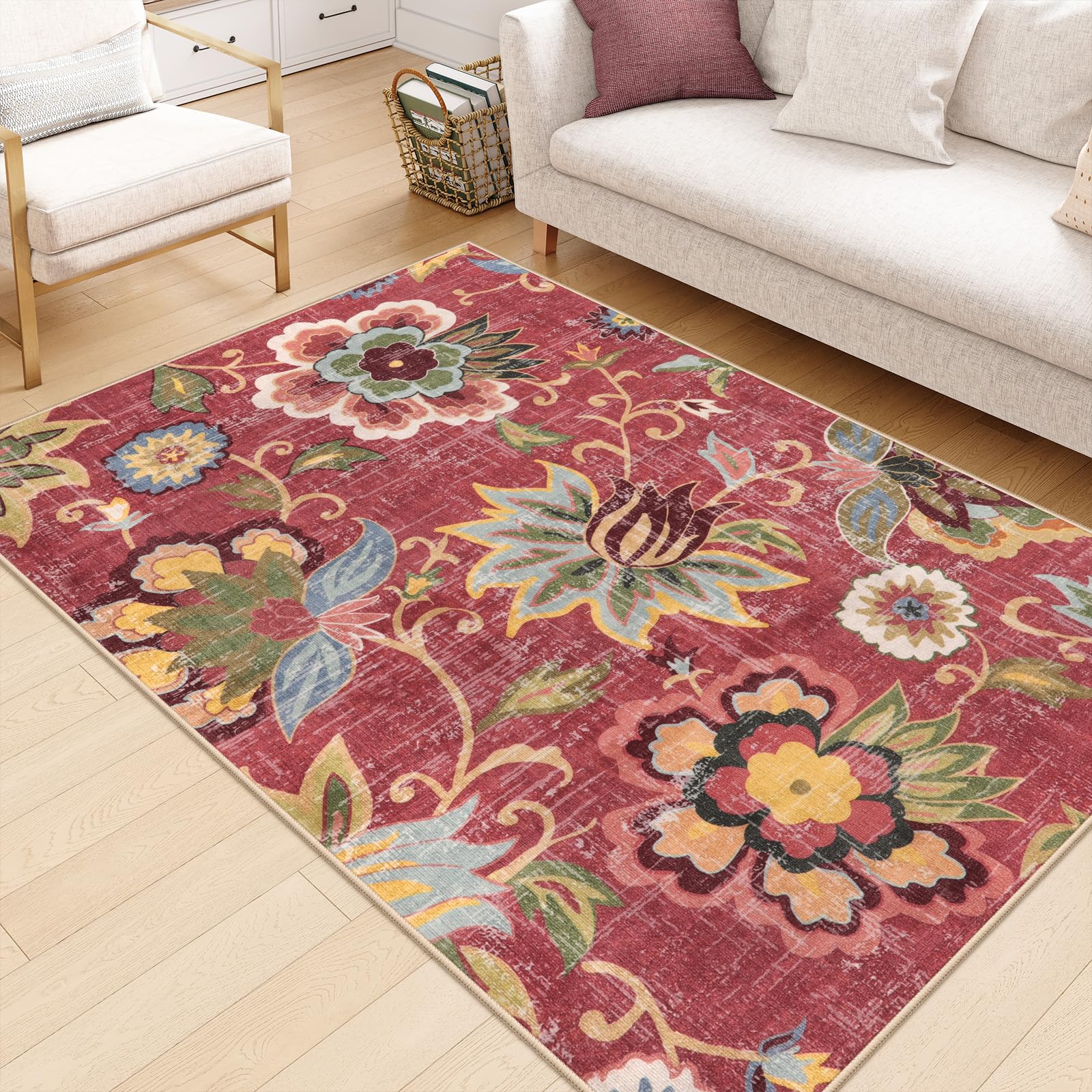 Amazon.com: Beeiva Floral Washable Rug for Living Room, Lightweight 5x7 ...