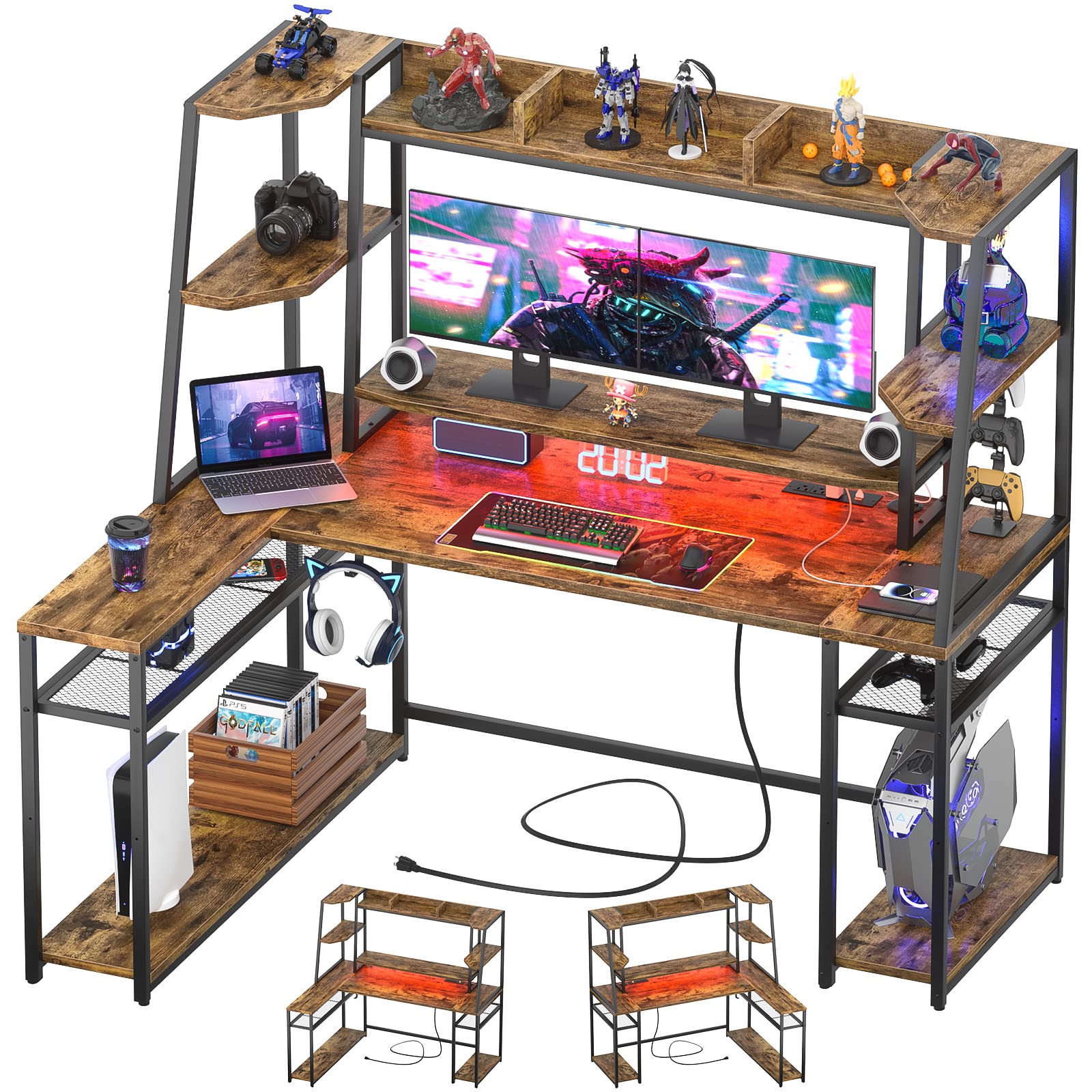 armocity L Shaped Gaming Desk with LED Lights & Power Strips, 63 ...