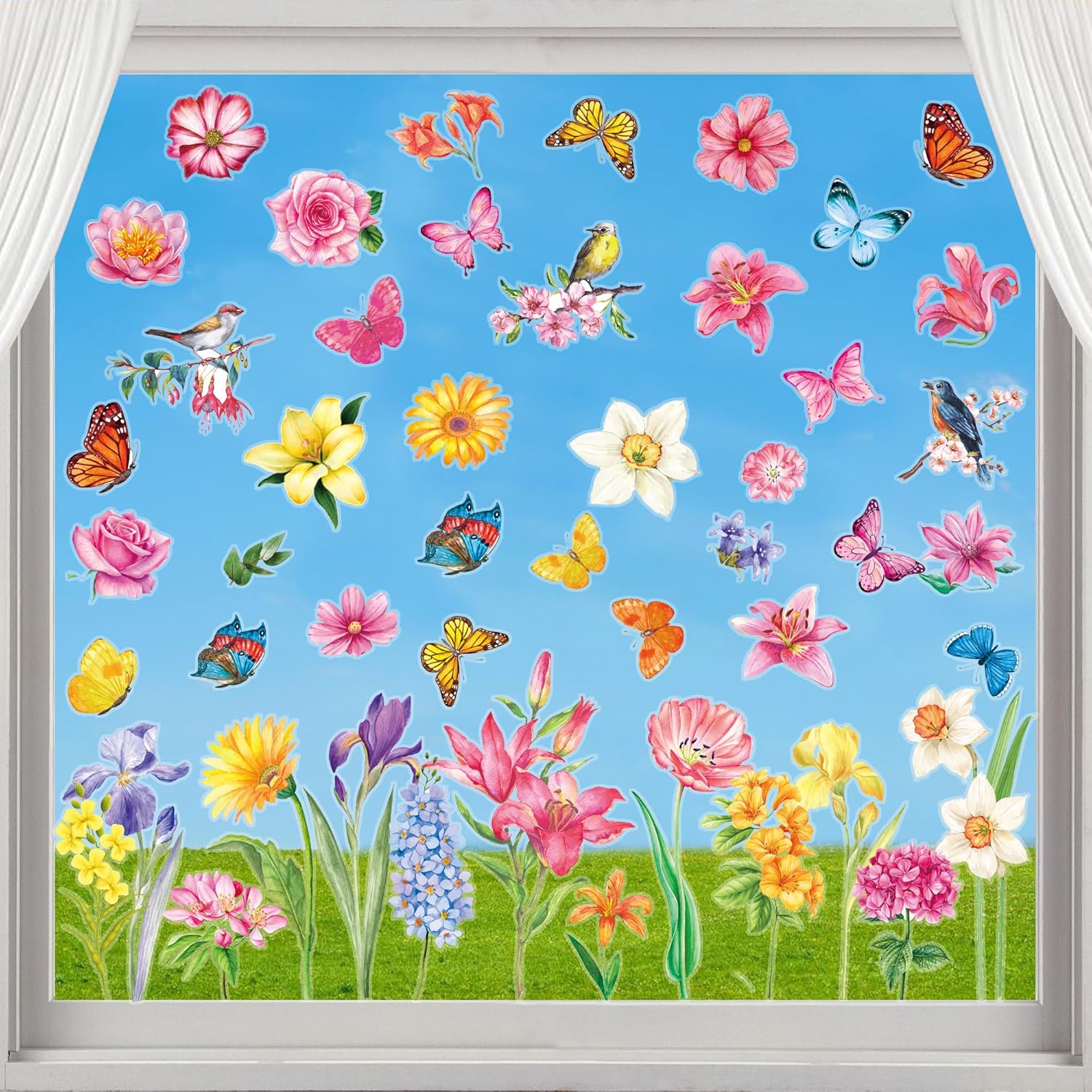 Amazon.com: 8 Sheets Spring Window Clings Flower Butterfly Window ...