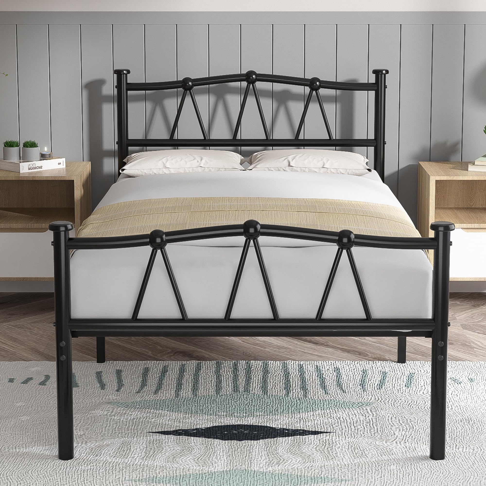 VECELO Twin Metal Platform Bed Frame with M Shape Headboard/Mattress ...