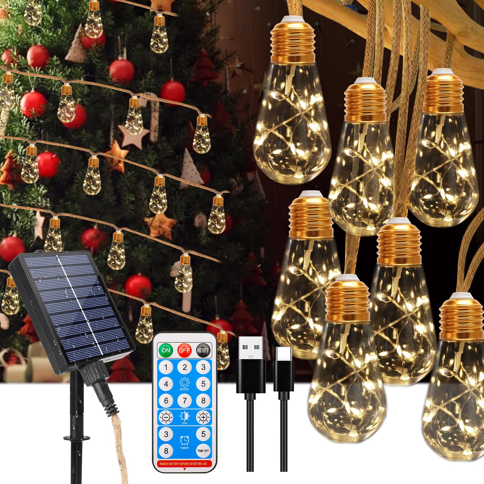 TUODAW Solar String Lights Outdoor,26 Ft Vintage Rope Hemp Solar Patio ...