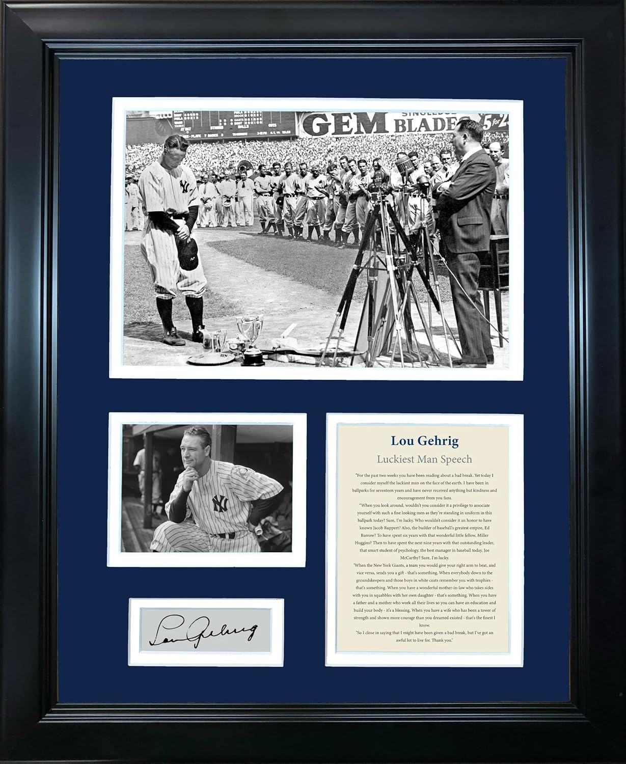 Framed Lou Gehrig Luckiest Man Speech Facsimile Laser Engraved ...
