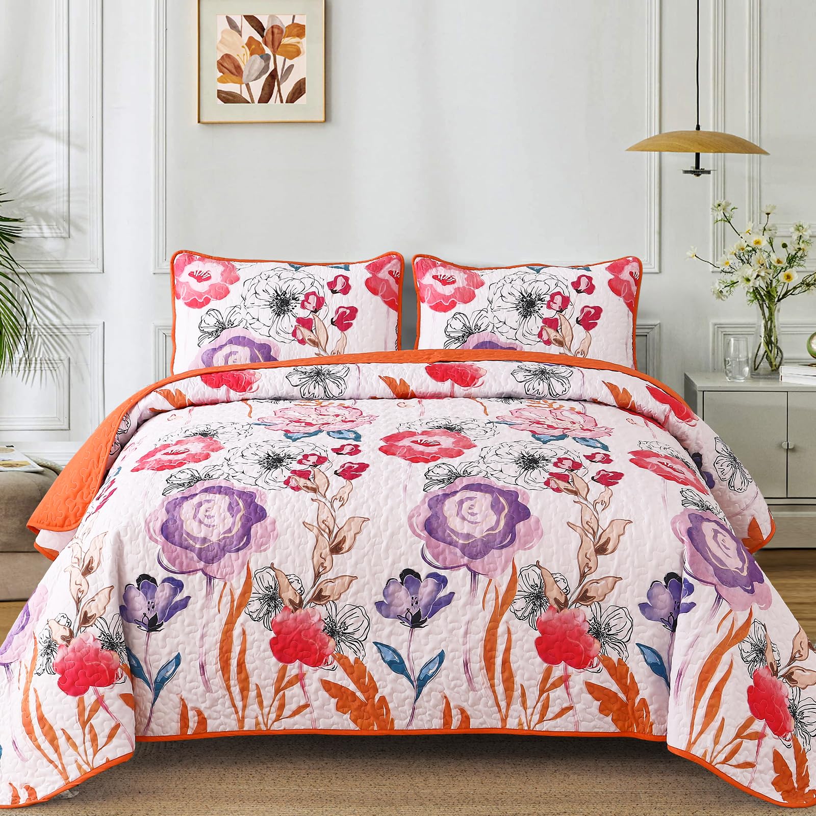 Amazon.com: Floral Quilt Set Queen Purple Flower Quilt Set Watercolor ...