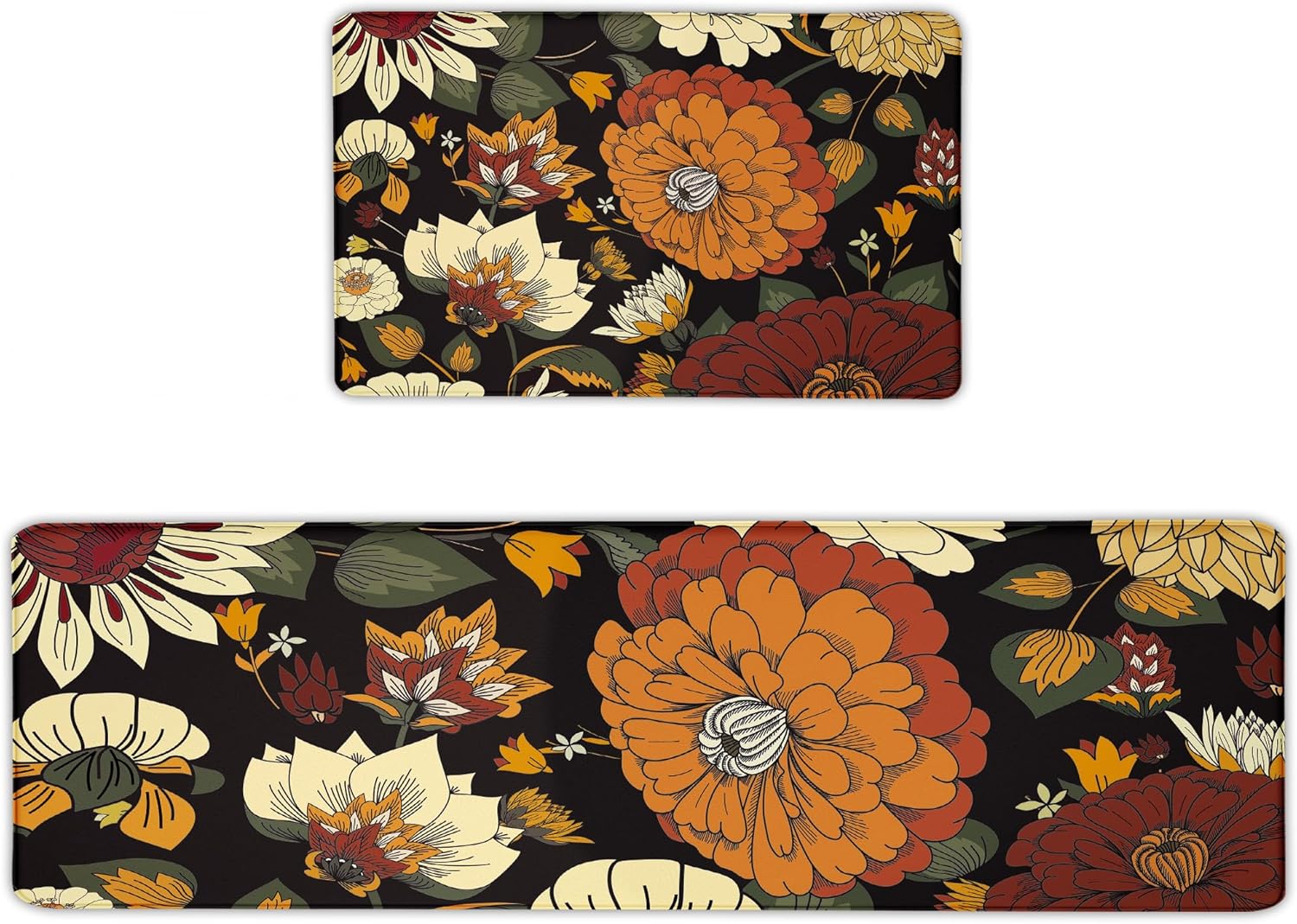 Amazon.com: Tyrot Black Boho Floral Kitchen Rugs Sets of 2 Anti Fatigue ...