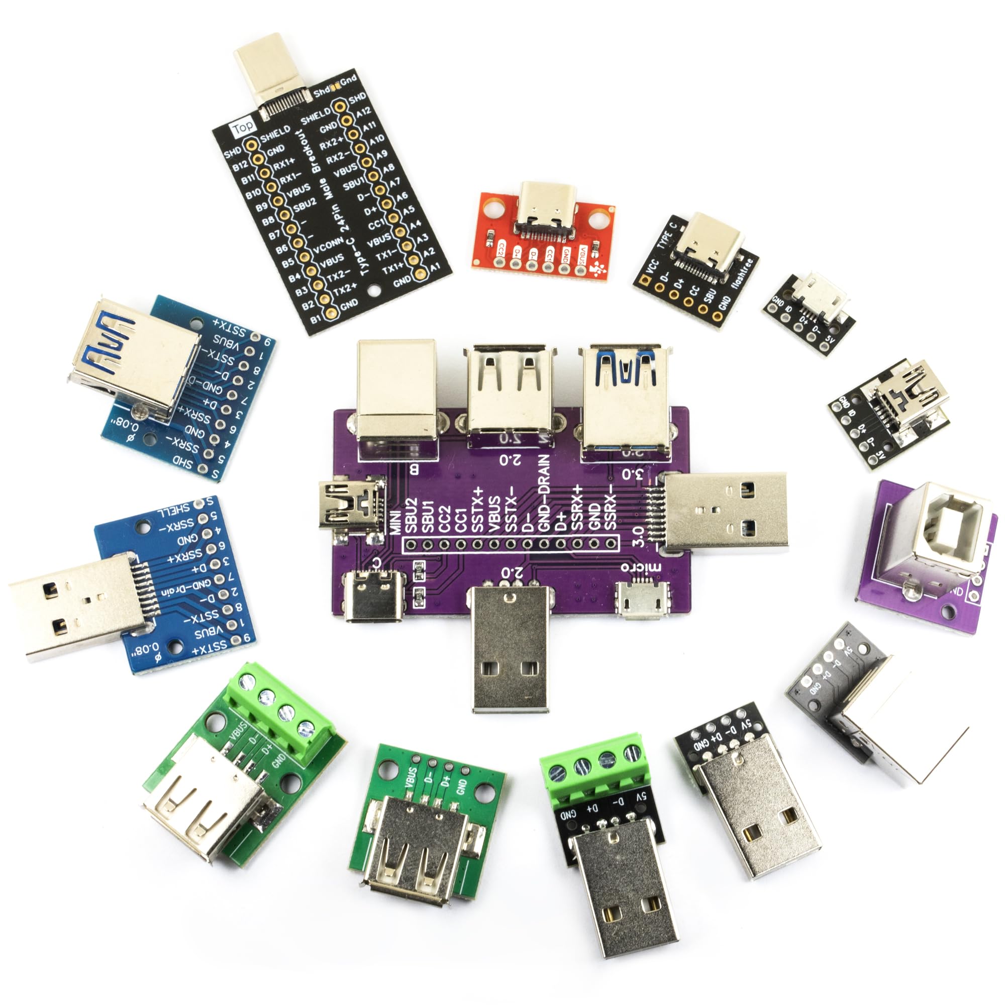 Buy 14pcs USB Breakout Board kit Type A 2.0 3.0 B C Mini Micro USB Male ...