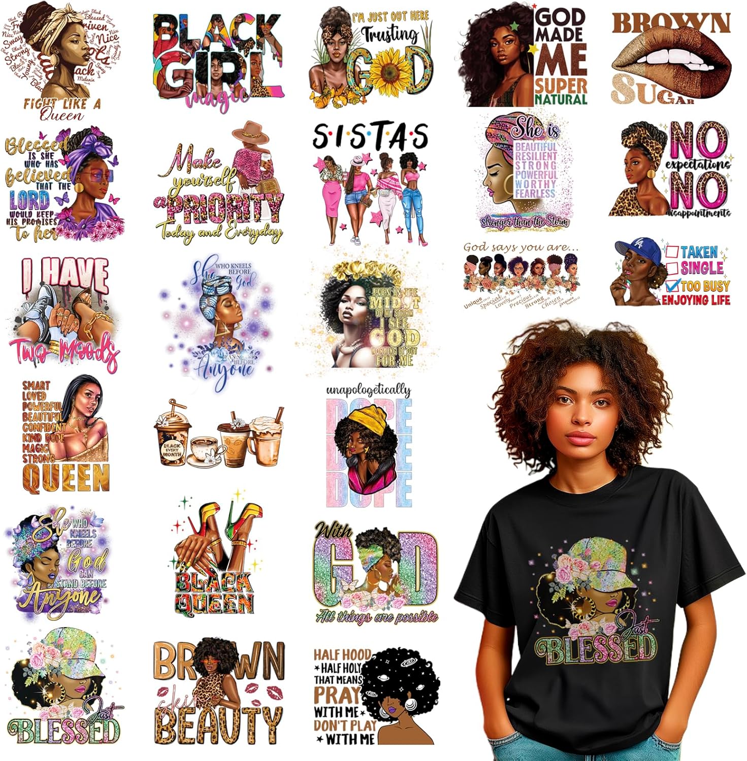 Amazon.com: 24 Sheets Black Girl Iron on Transfers for T-Shirts, DTF ...