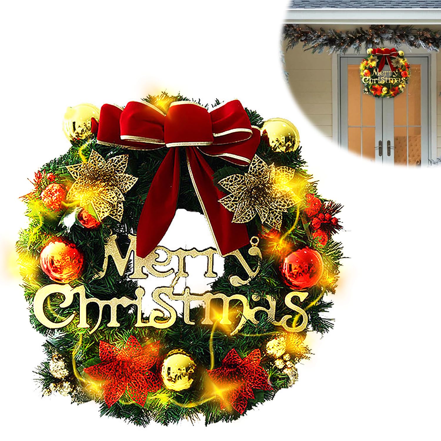 LEFUS Corona navideña,30cm Corona de Navidad，Corona de Navidad para la ...