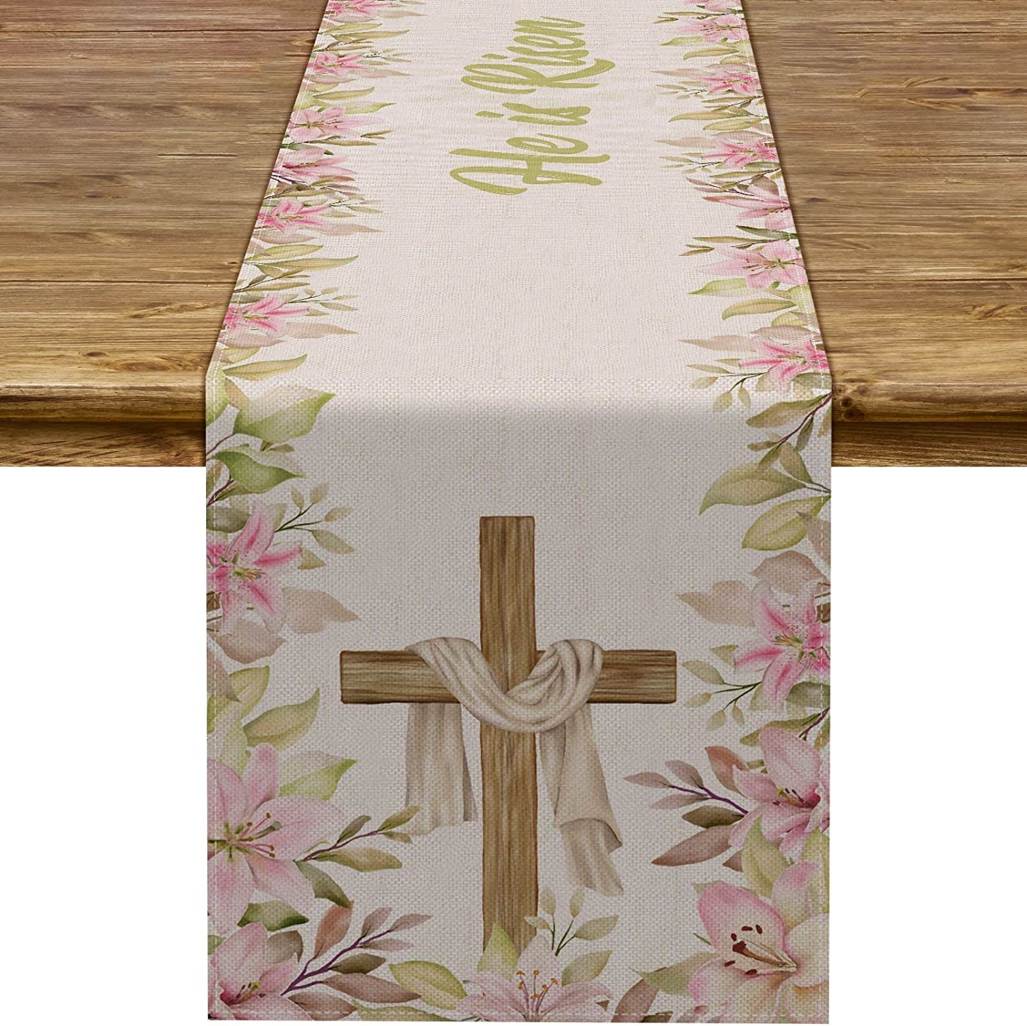 Amazon.com: Pudodo He is Risen Table Runner Easter Christian Cross ...