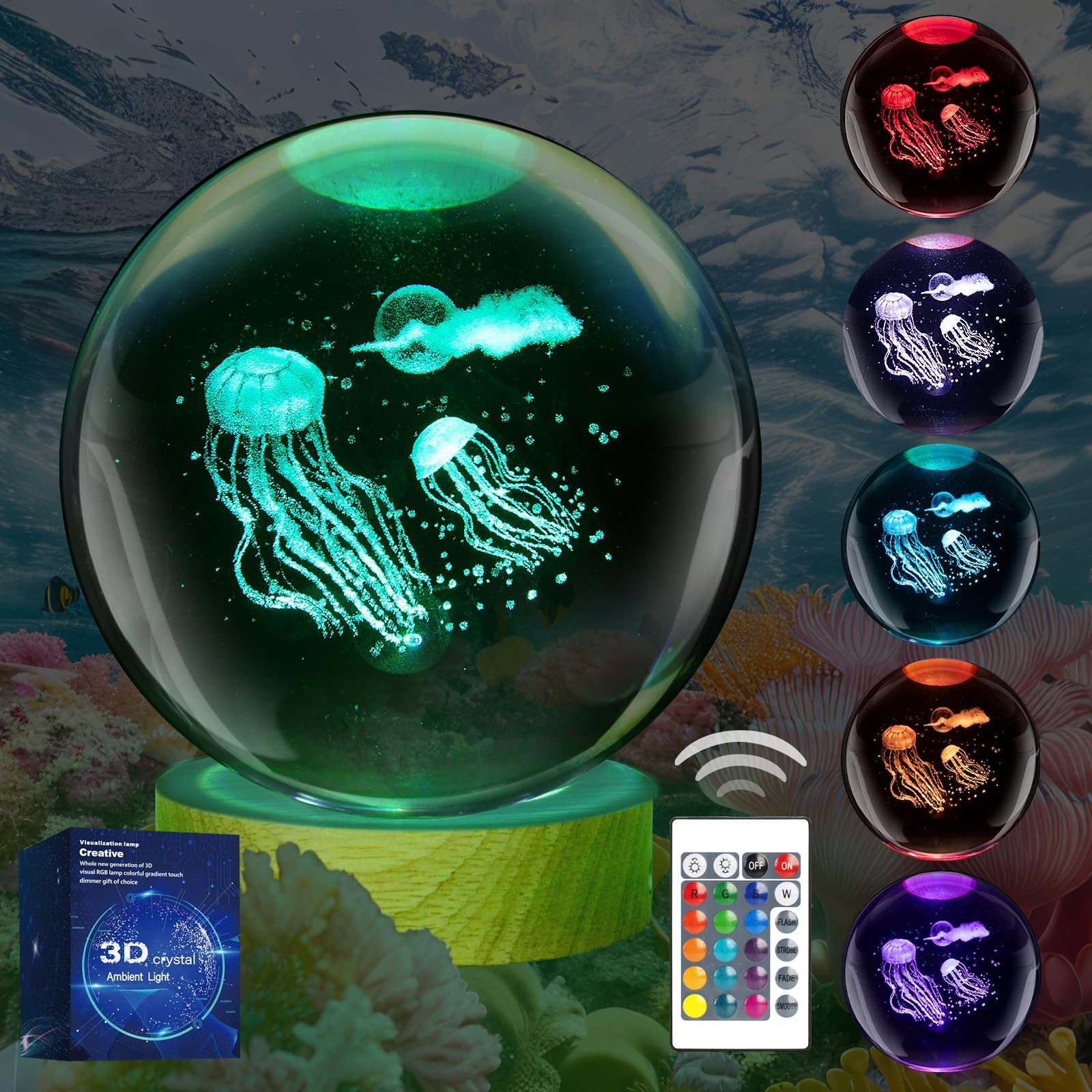 3D Solar System Crystal Ball Night Light with 16 Color LED Wooden Base ...