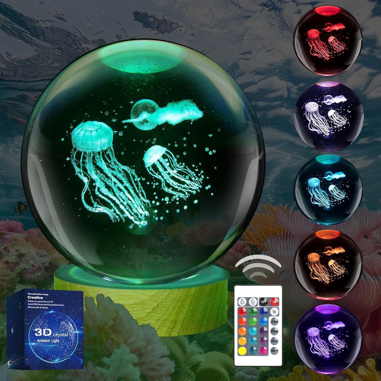 3D Jellyfish Crystal Ball Night Light with 16 Color Led Wooden Base ...