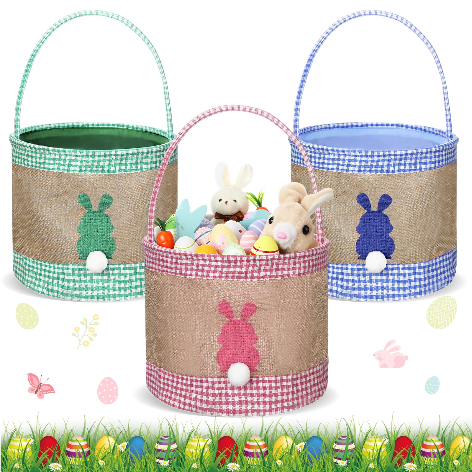 Amazon.com: Halloscume 3 Pcs Easter Bunny Basket Plaid Burlap Buckets ...