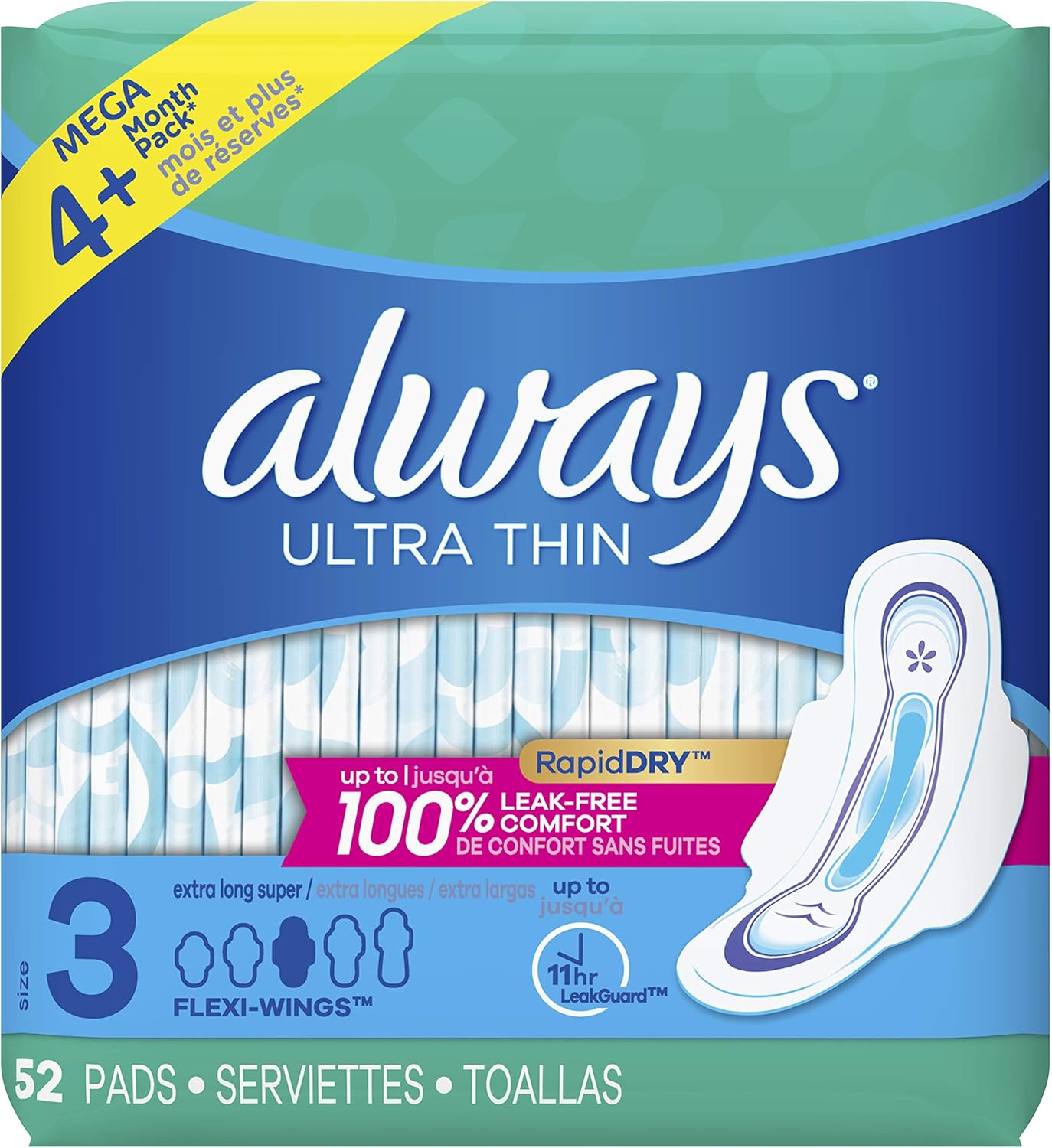 Always Ultra Thin Pads for Women, Size 3 Extra Super Long Absorbency ...