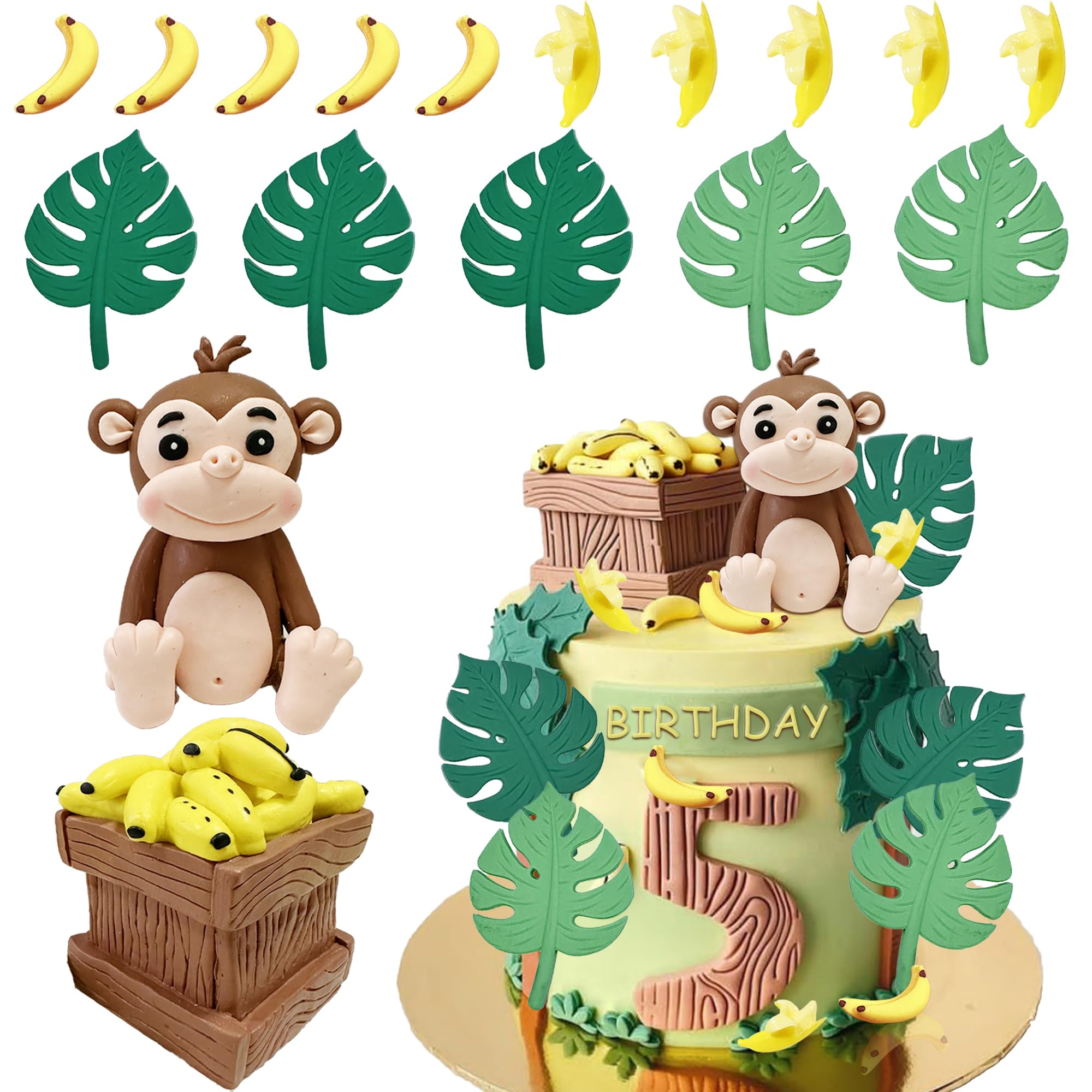 Monkey Cake Toppers With Banana Green Leaves Cake Decorations Jungle ...