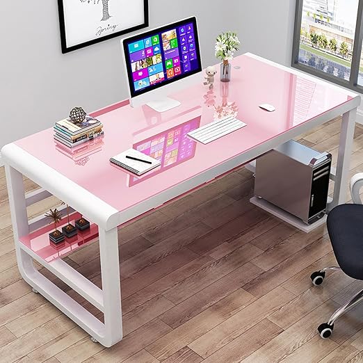 Amazon.com: ALEEIK Tempered Glass Computer Desk with Storage Shelves ...