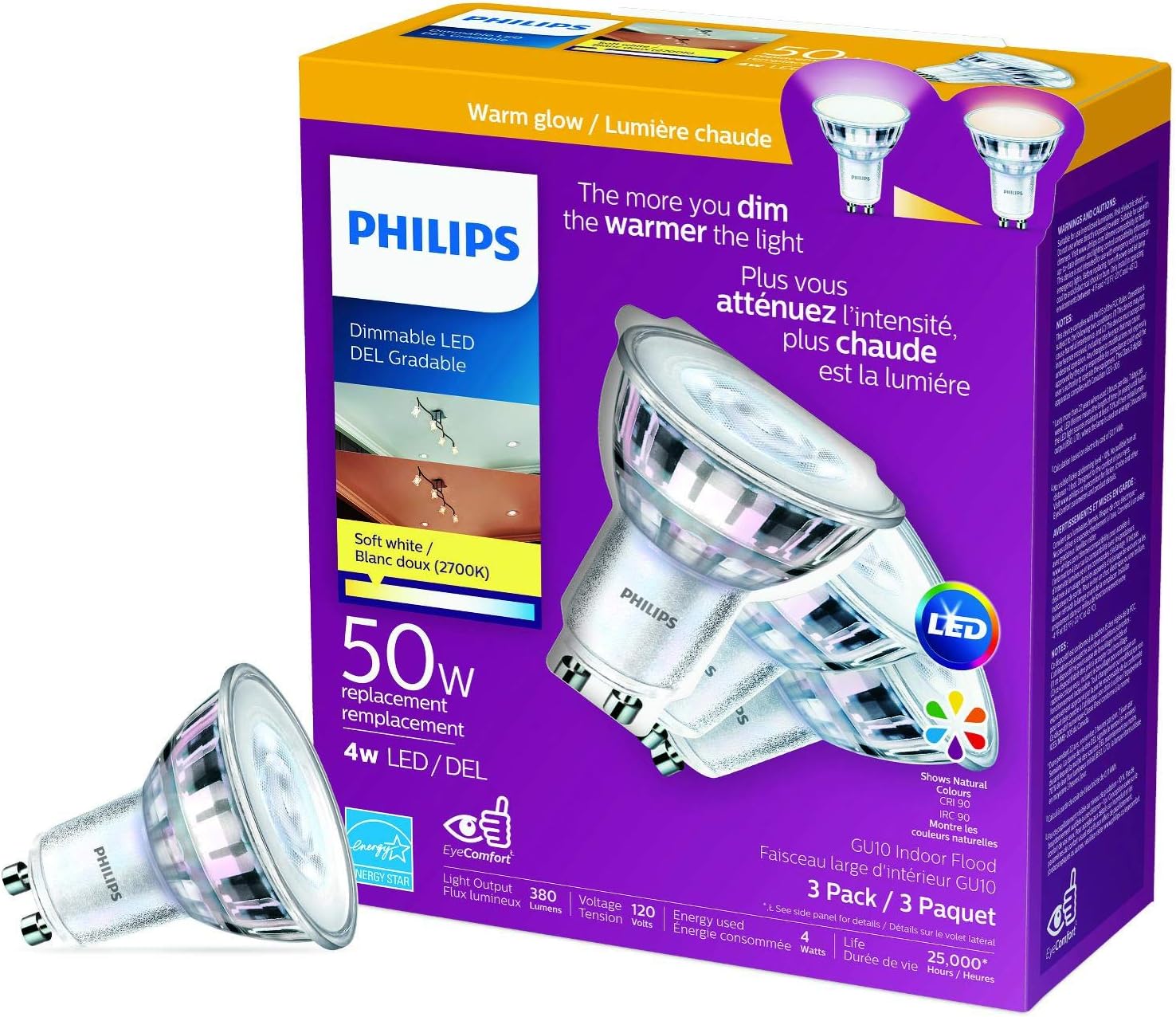 PHILIPS LED Bulb - 50W GU10 Glass Soft White WarmGlow (2700K-2200K) -3 ...