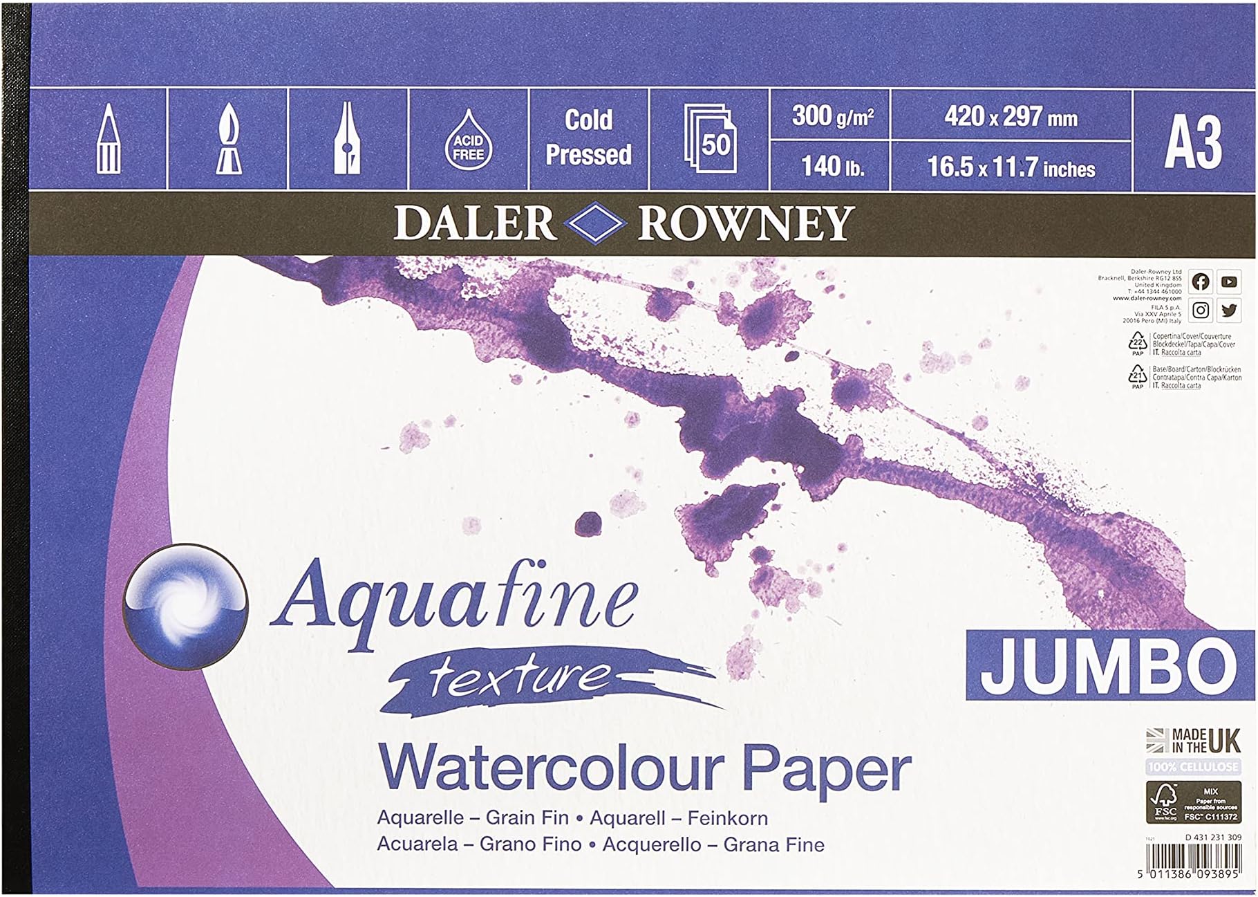 Daler-Rowney The Langton Rough 300gsm A2 Watercolour Paper Pad, Glued 1 ...