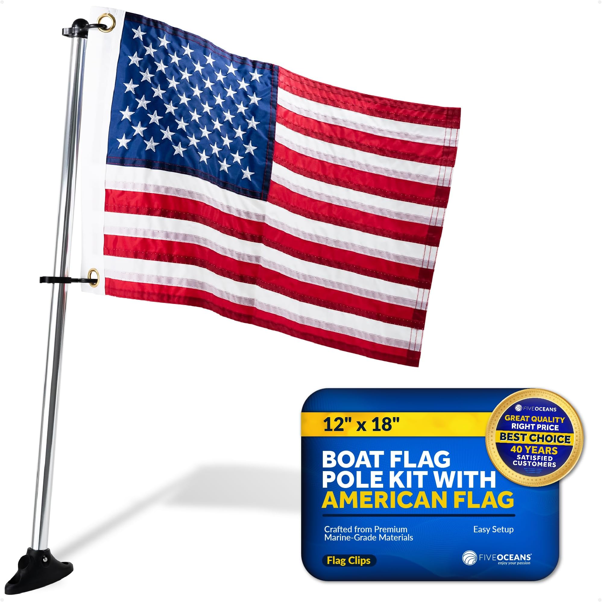 Amazon.com : Five Oceans Boat Flag Pole Kit with American Flag, 12" x ...