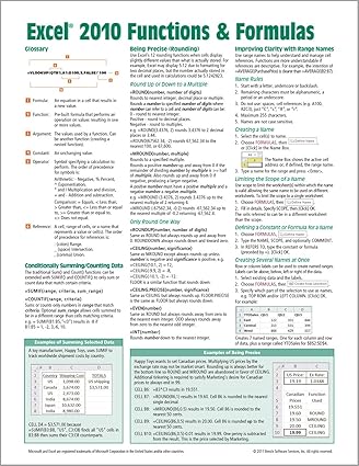 Microsoft Excel 2010 Functions & Formulas Quick Reference Guide (4-page ...
