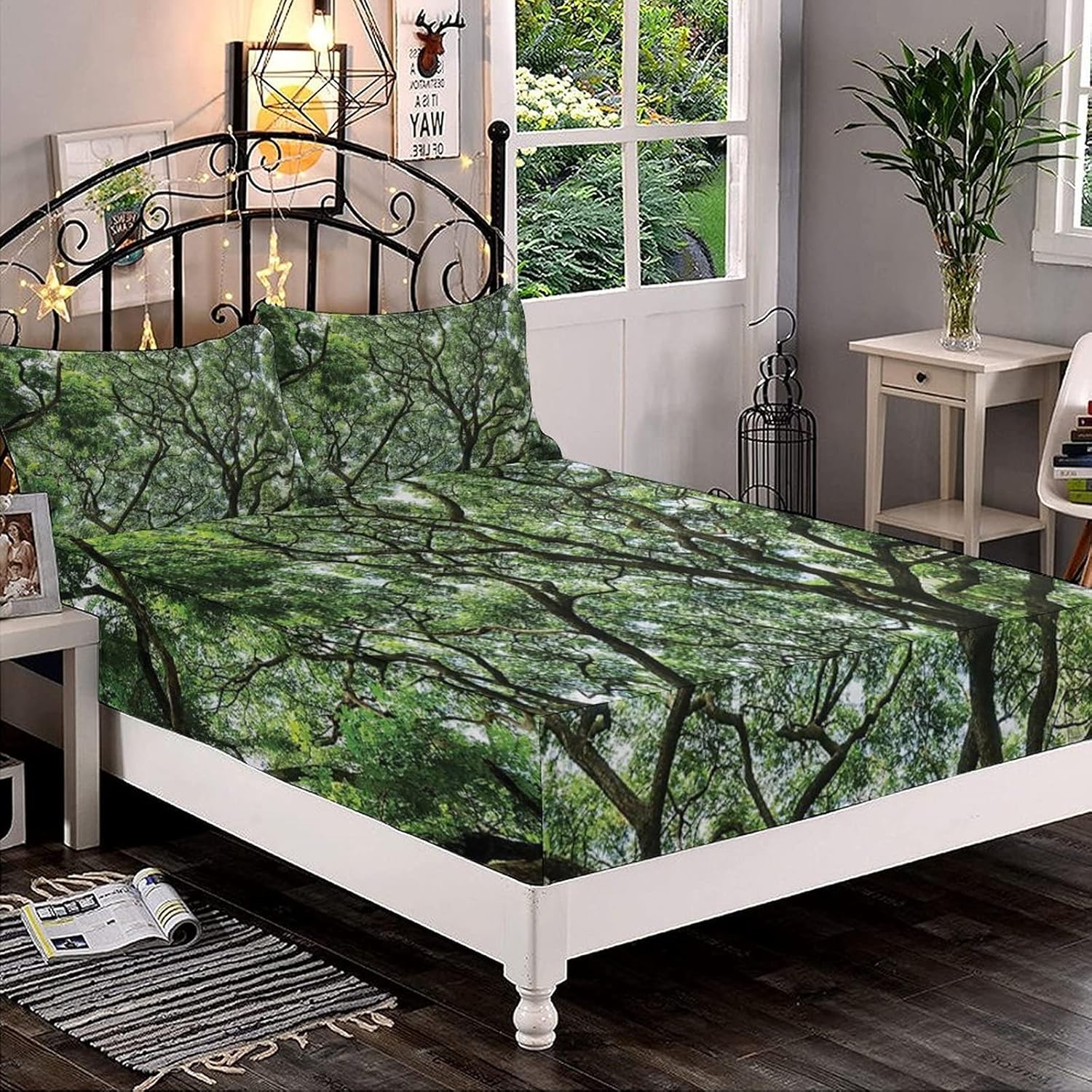 Decorative Fitted Sheet Set Full Size, Forest Decor Deep Pockets Fitted ...