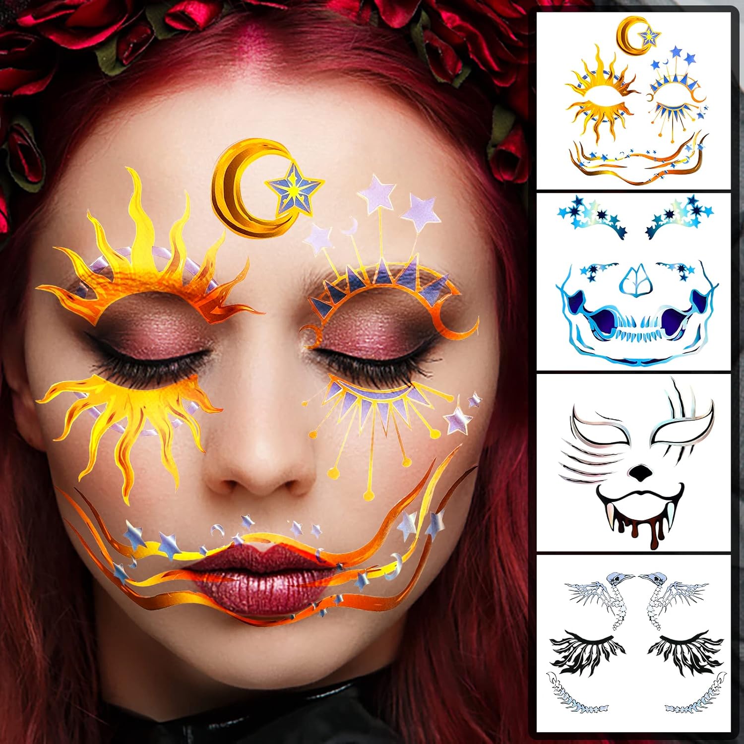 Amazon.com : 4 Pcs Halloween Face Tattoos Sticker 4 Day of the Dead ...