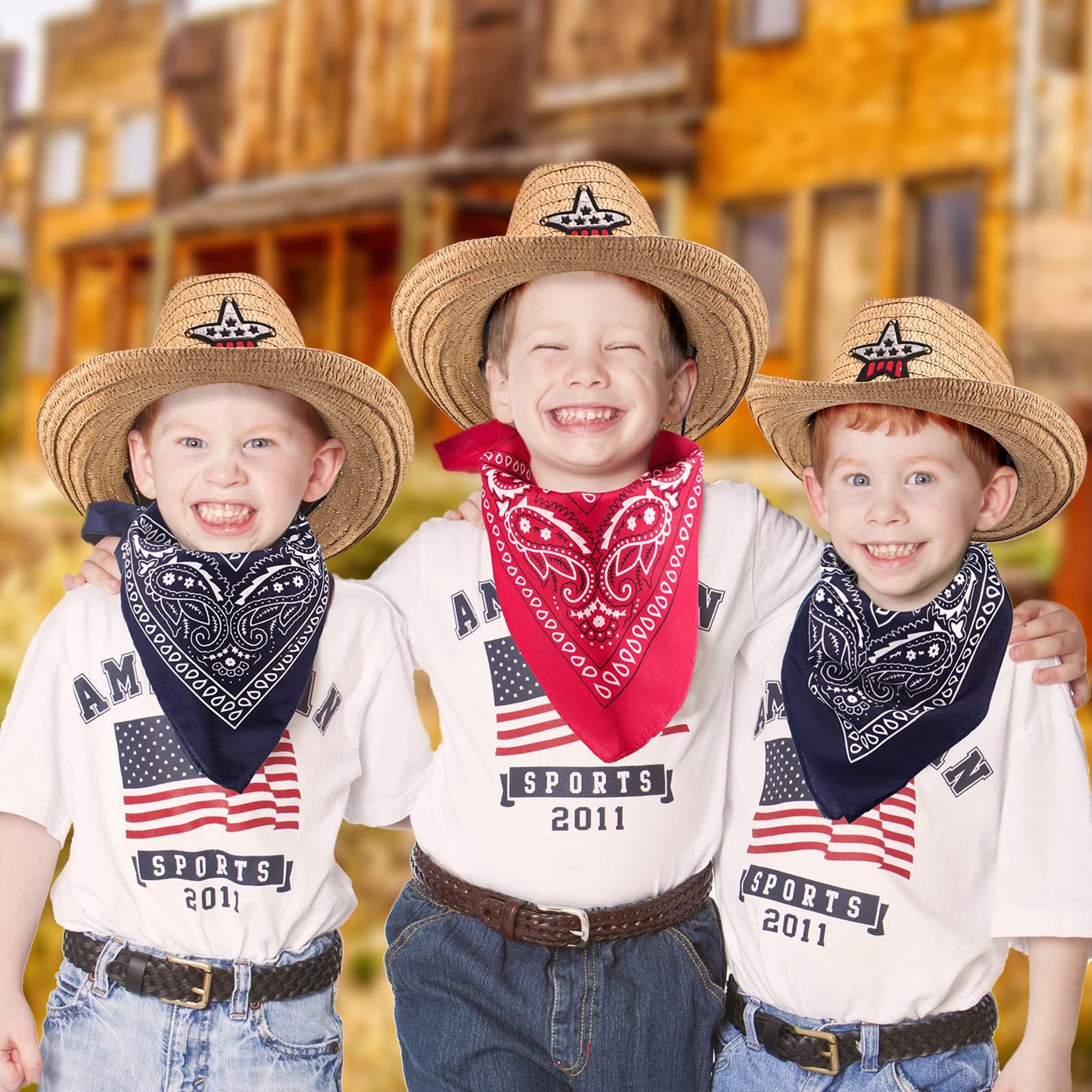 48 Pieces Child Straw Cowboy Hats and Cowboy Bandannas Set, Includes 24 ...