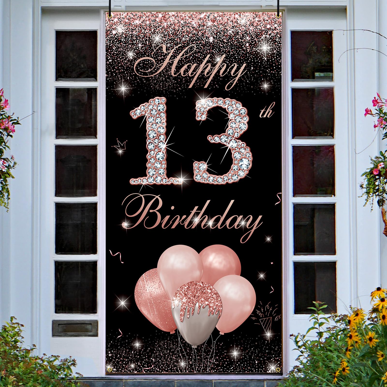 Amazon.com: HTDZZI 13th Birthday Door Backdrop Banner Decorations Rose ...