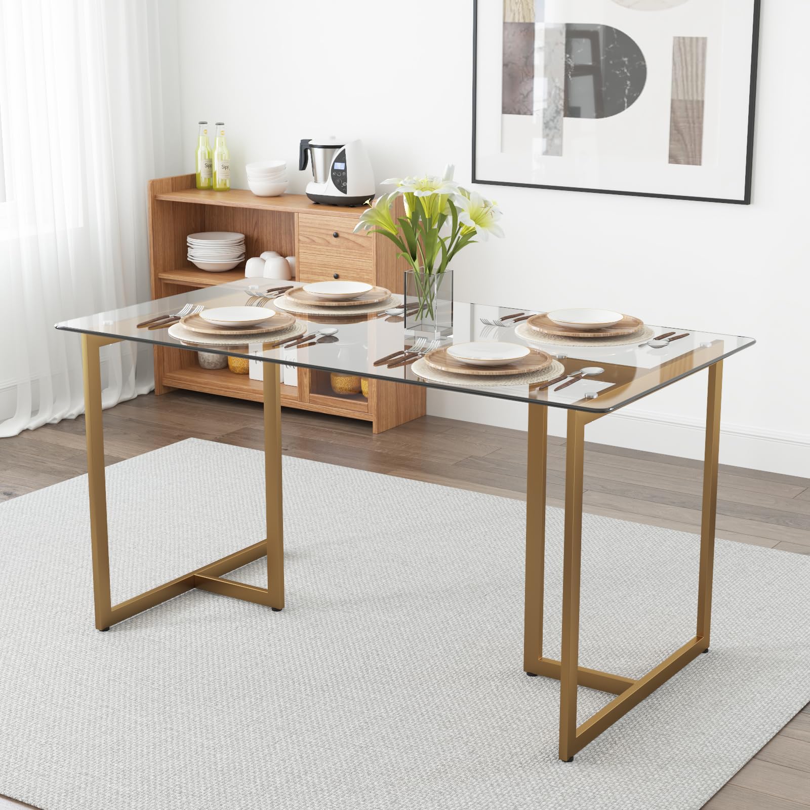 Wood Glass Top Rectangular Dining Tables