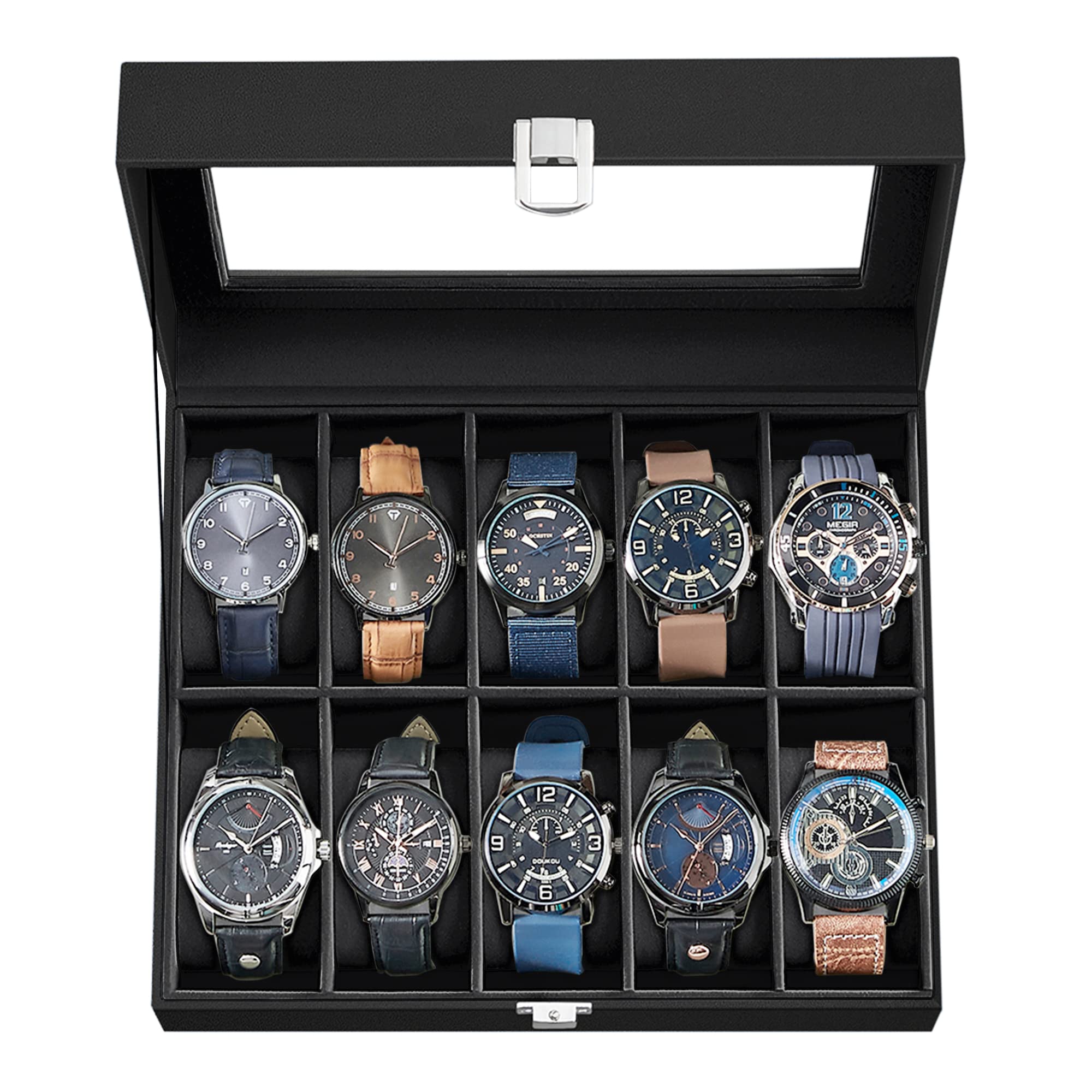 SONGMICS Watch Box, 10-Slot Watch Case with Large Glass Lid, Removable ...