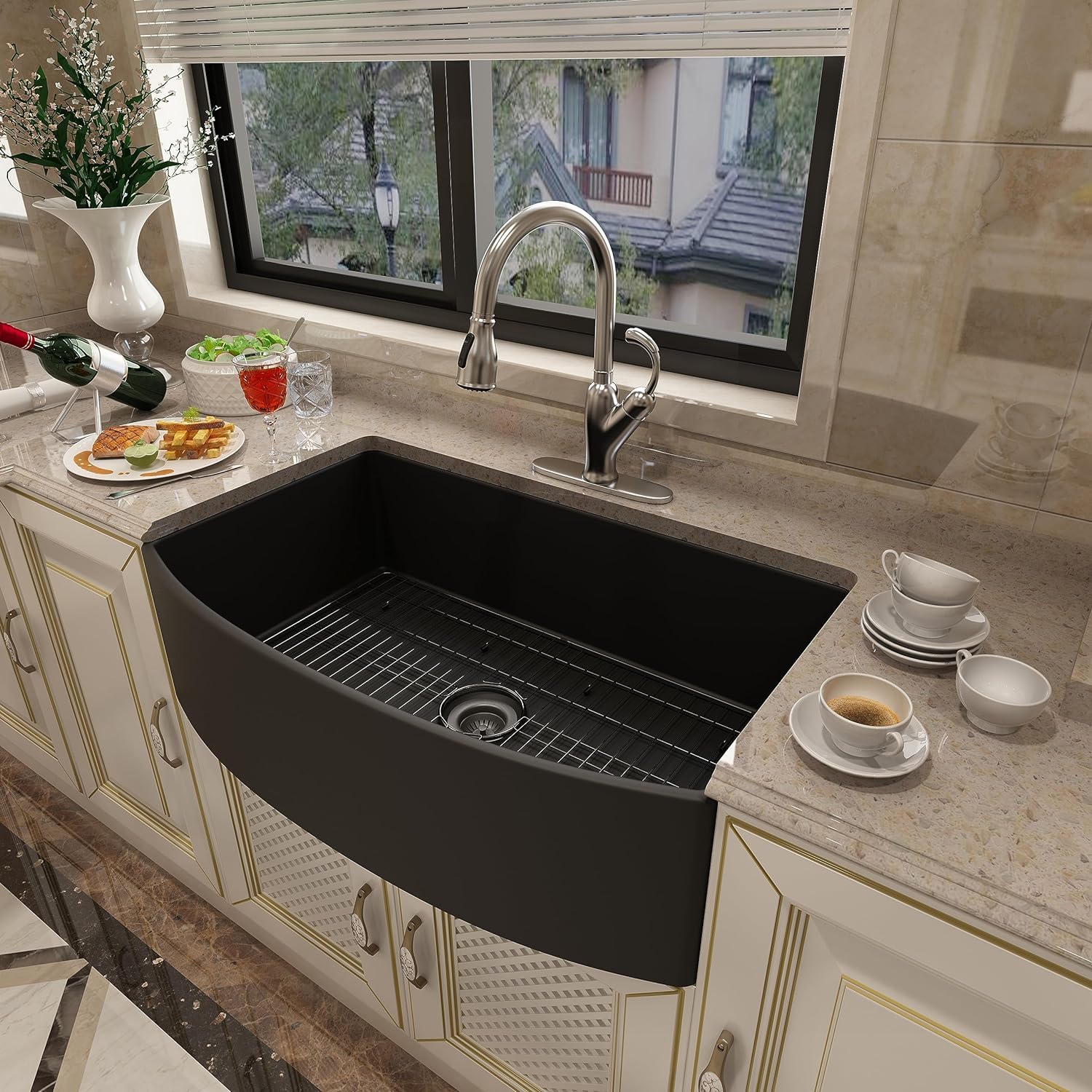 Mondawe 33 inch Farmhouse Kitchen Sinks, Fireclay Black Farm Sink ...