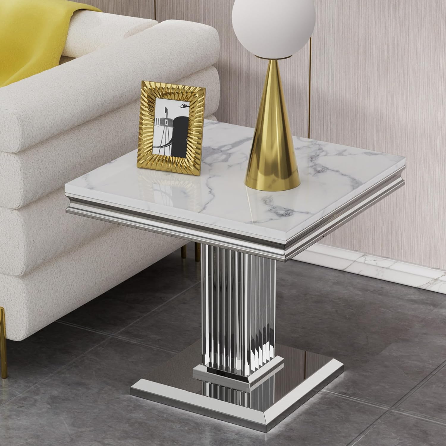 Amazon.com: SSLine Square Faux Marble End Table for Living Room Mid-Century White Marble Side ...