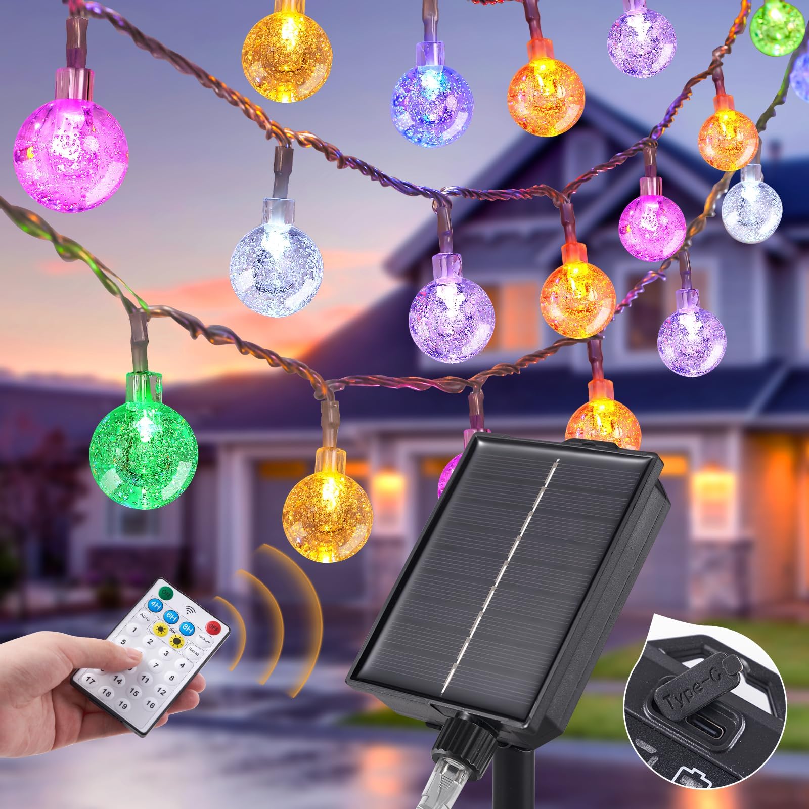 Sunlitec Solar LED String Lights, 25 RGB Color Changing Bulbs ...