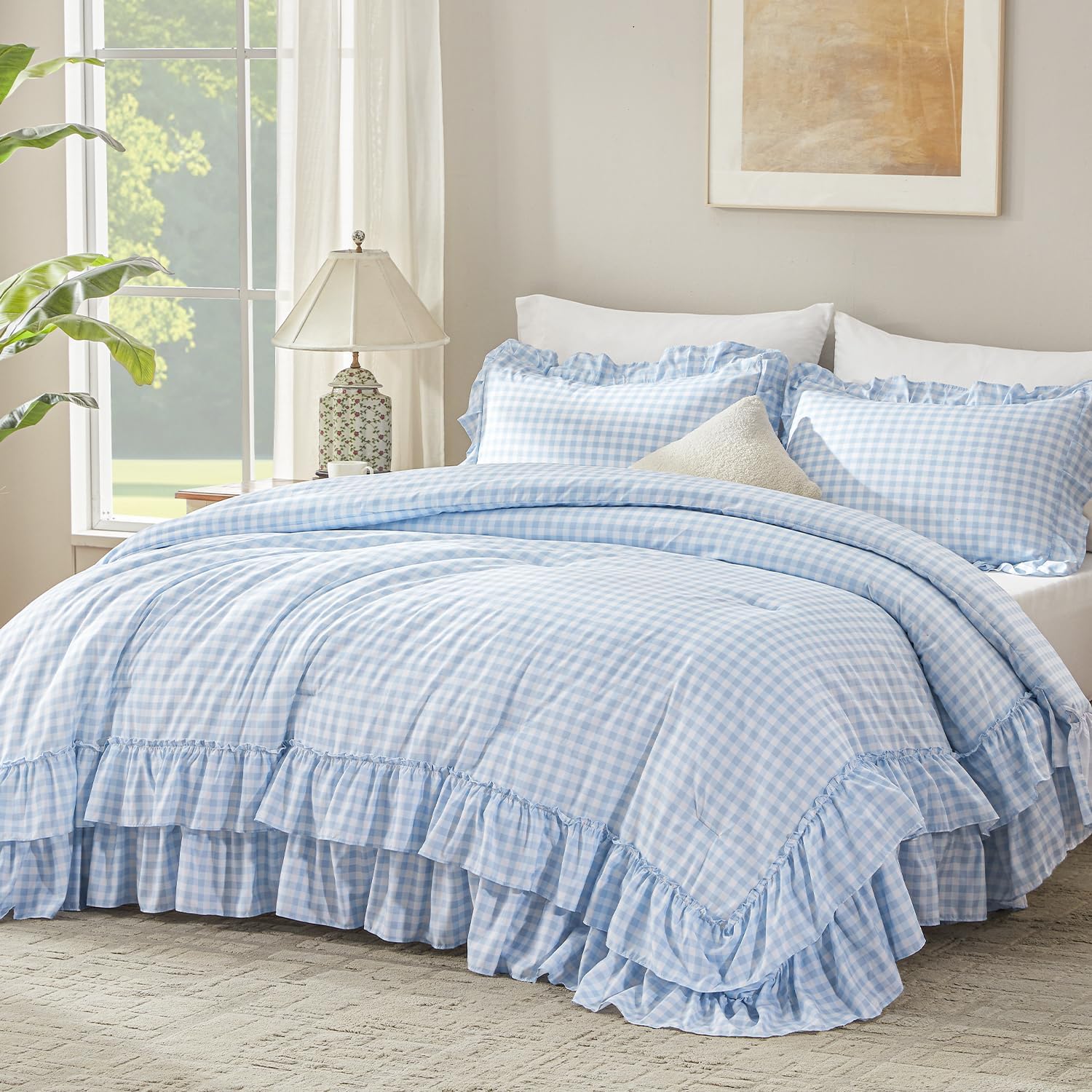 Amazon.com: Andency Blue Gingham Ruffle Comforter Full Set, 3pcs ...
