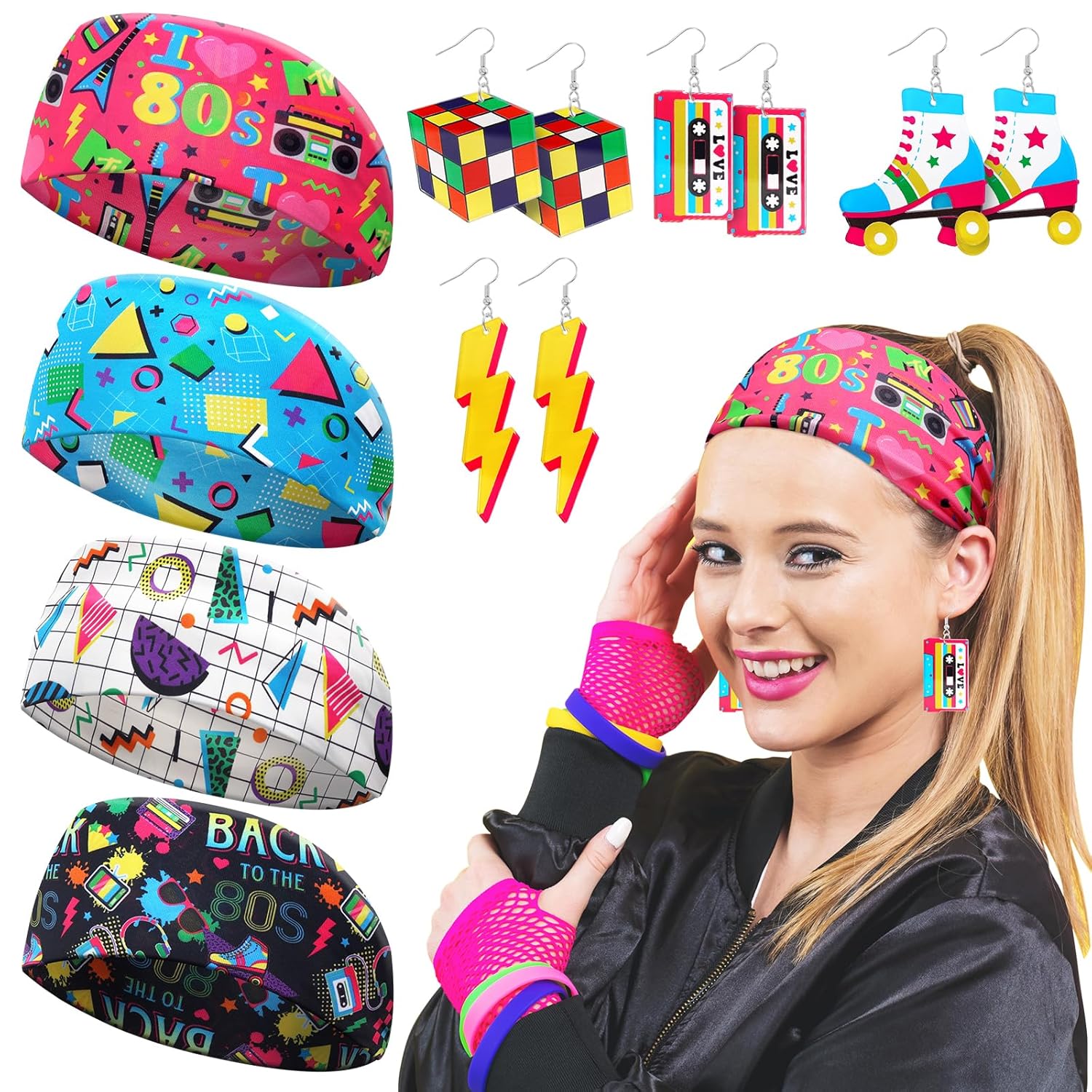 Amazon.com: Yussti 80S 90S 4 Pairs Retro Earrings & 4 Pcs Headbands 80S ...