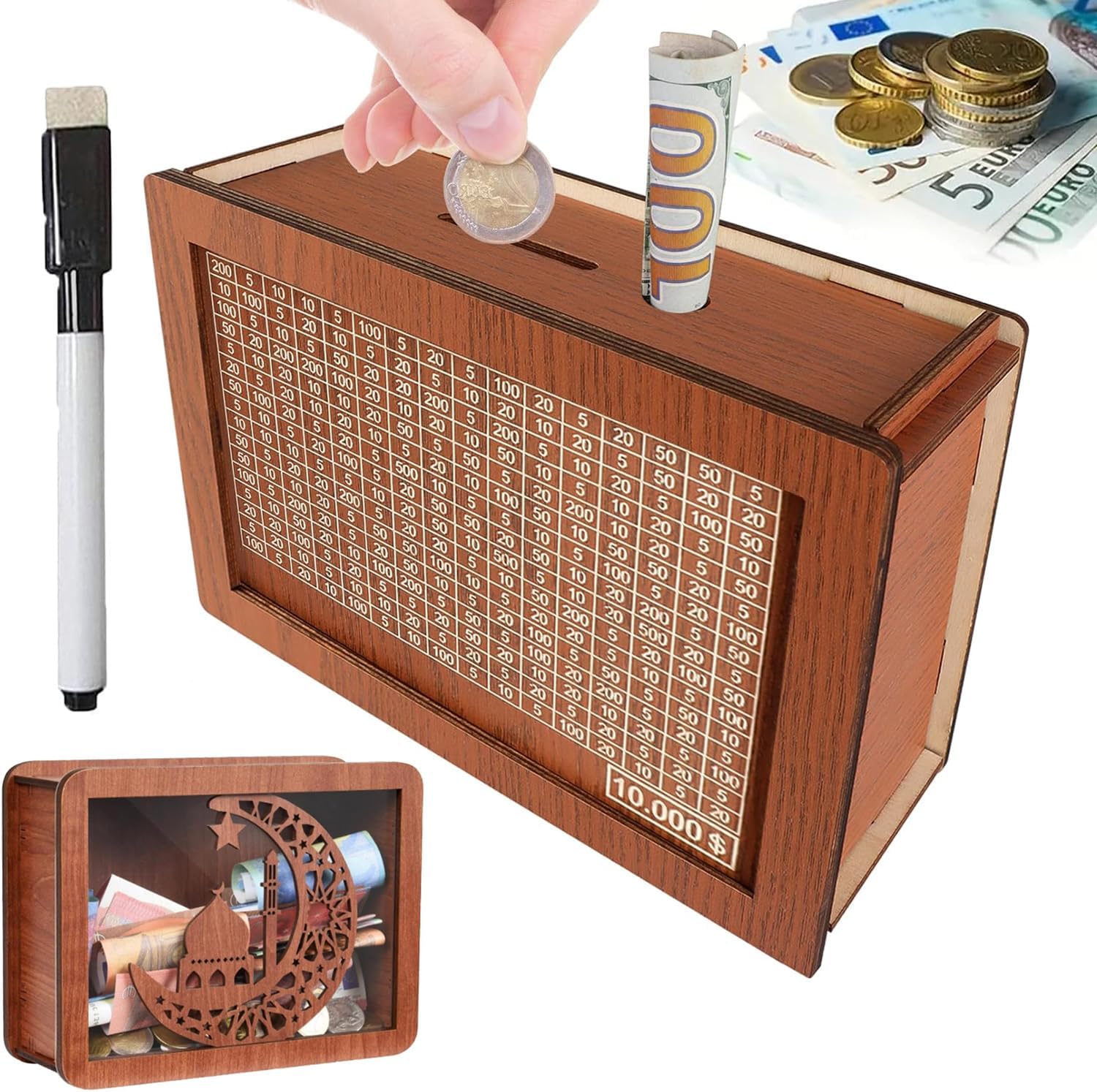Amazon.com: Cash Vault Wooden Savings Box 10000,Wooden Money Box Money ...